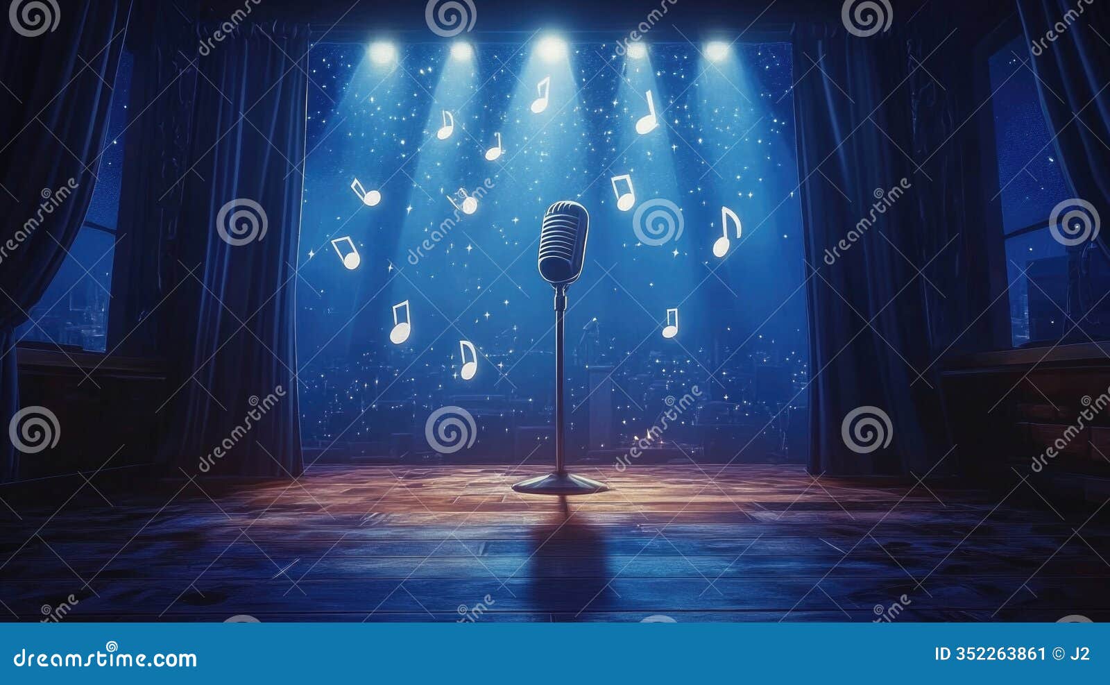 Retro Microphone on Stage with Musical Notes and Spotlight in Starry ...