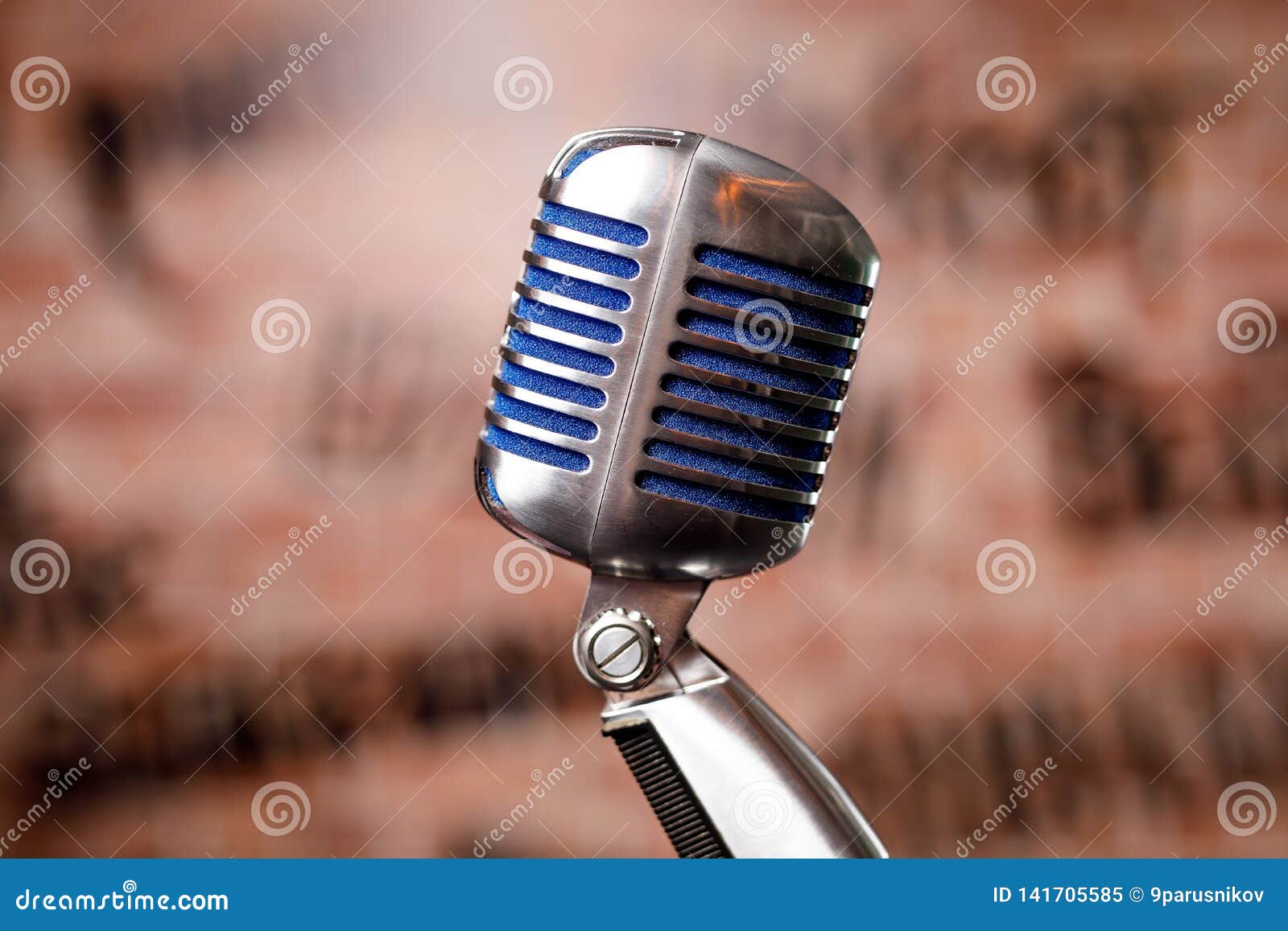Retro Microphone on Stage in a Pub or Bar, Restaurant during a Night ...