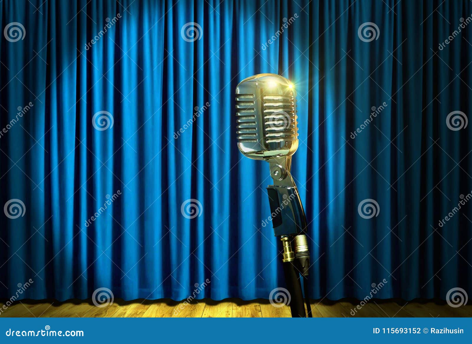Retro Microphone on Stage Over Blue Curtains Editorial Photography ...