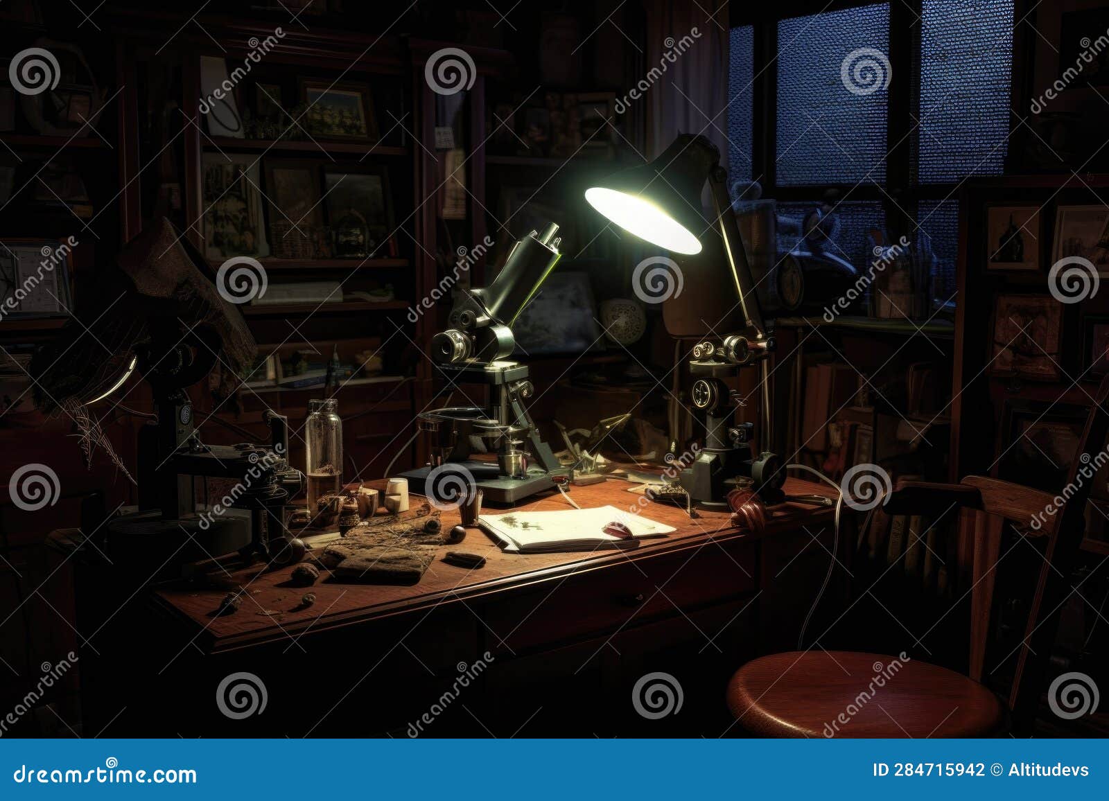 Retro Microscope in Dimly Lit Study Room Stock Illustration ...