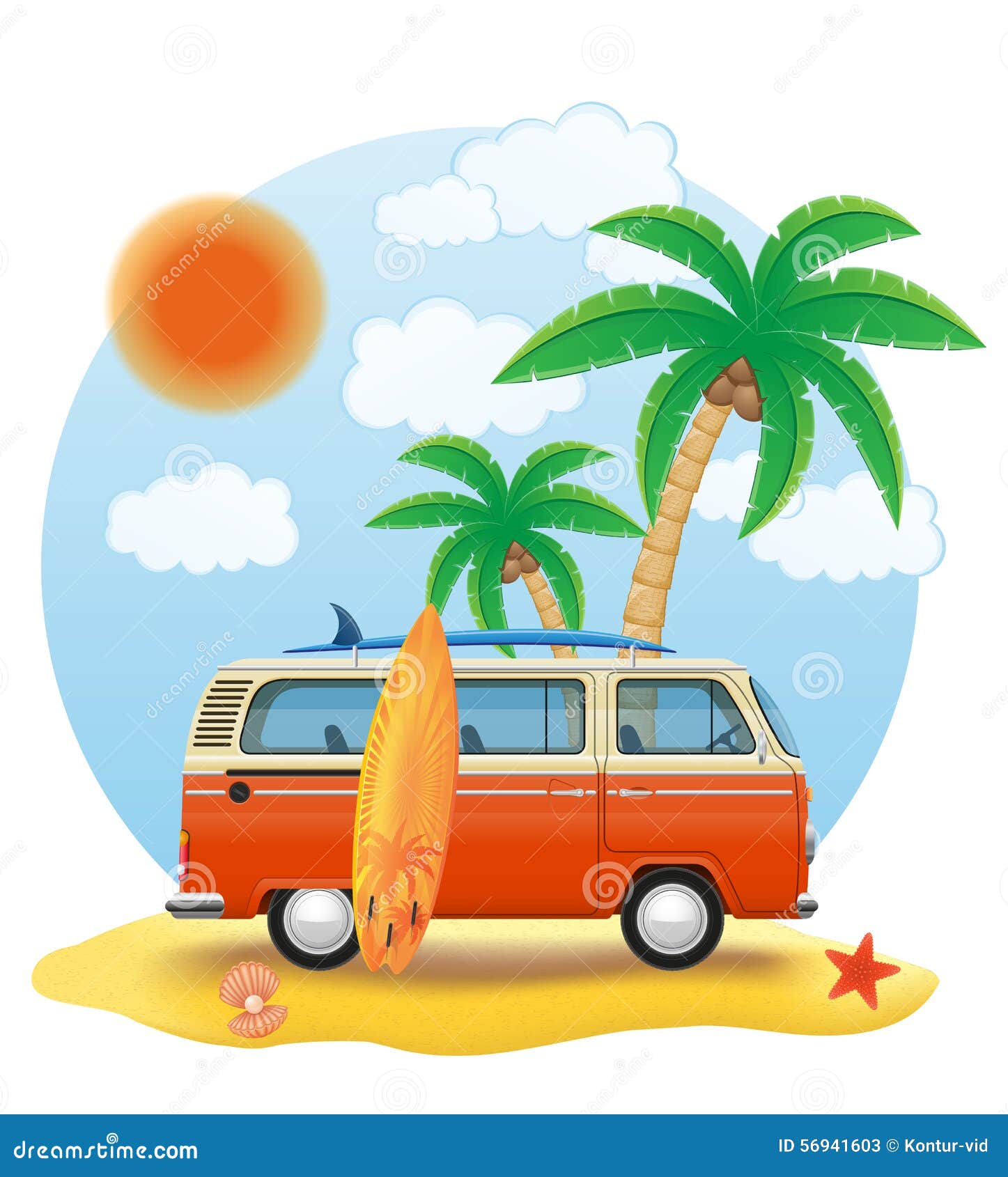 Retro Minivan With A Surfboard On The Beach Vector Illustration ...