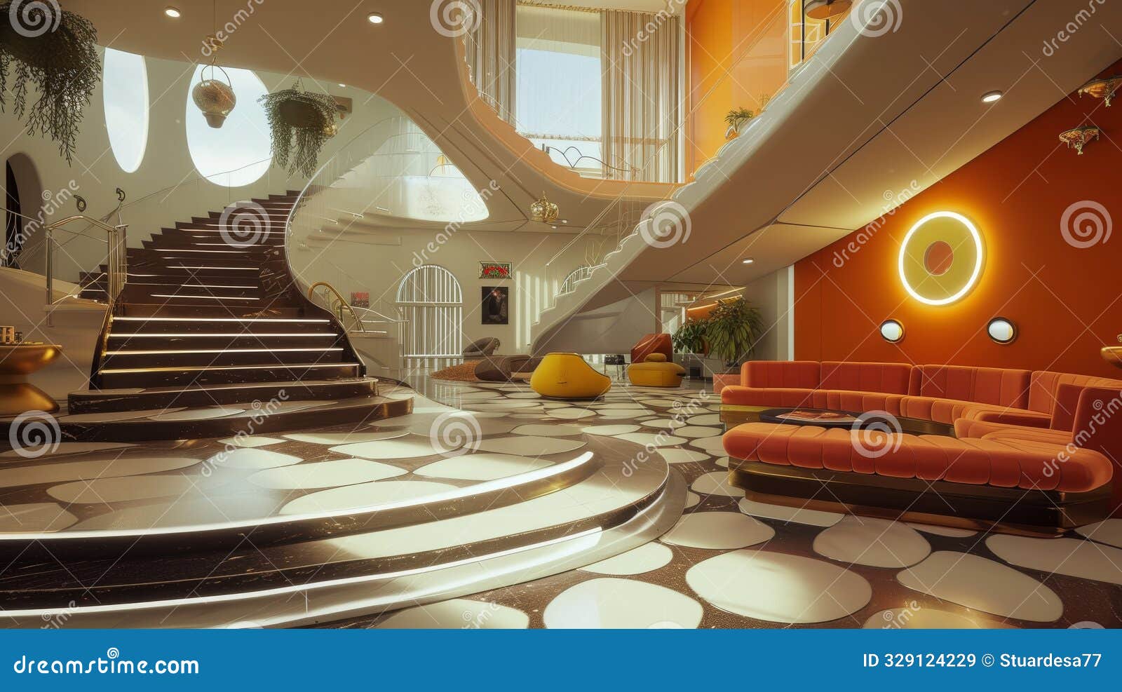Retro-Modern Hotel Lobby with Stylish Decor Stock Image - Image of ...