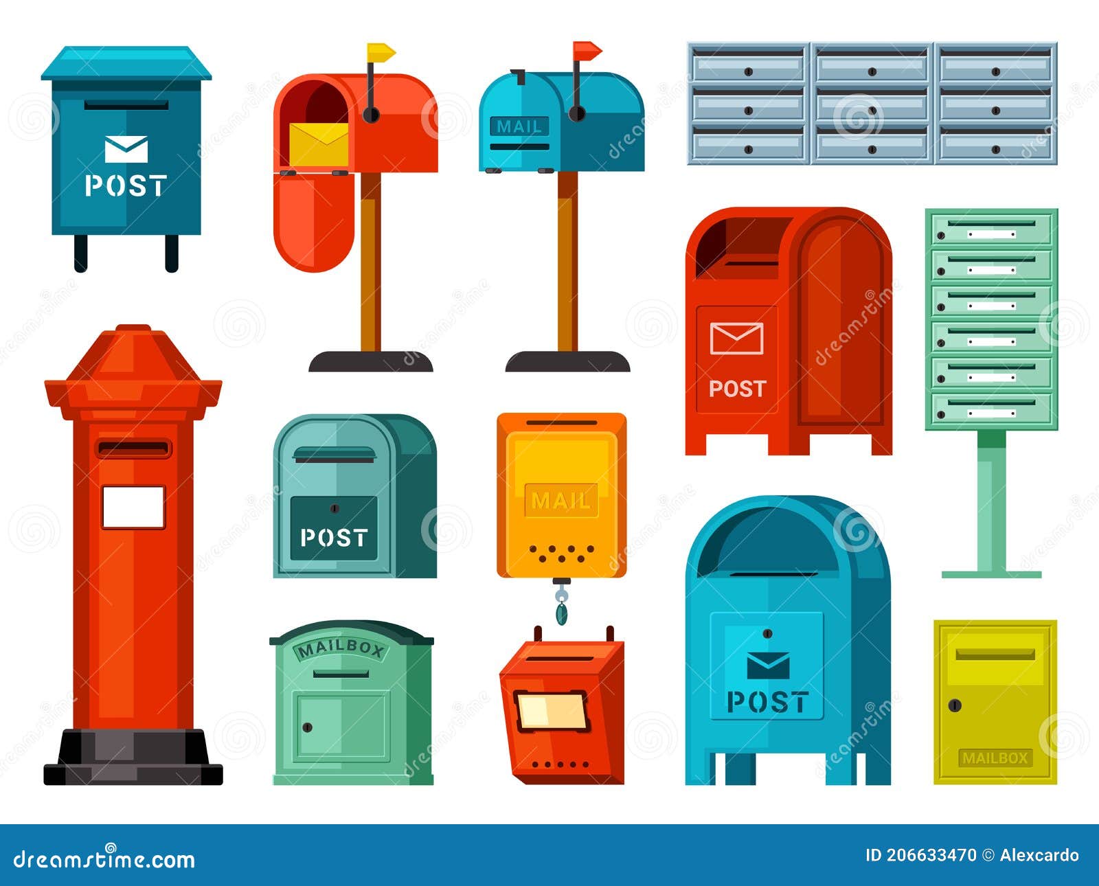 Retro and Modern Mailboxes Set. Blue Street Boxes with Legs Red ... Retro and Modern Mailboxes Set. Blue Street Boxes with Legs Red ...