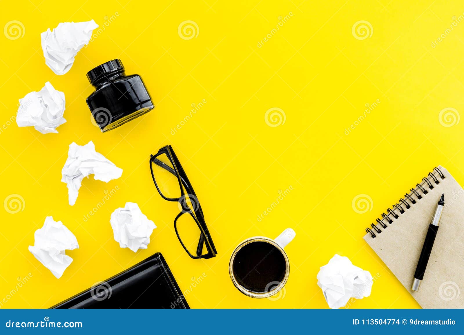 Retro and Modern Writer Desktop with Coffee, Notebook and Ink on Yellow ...