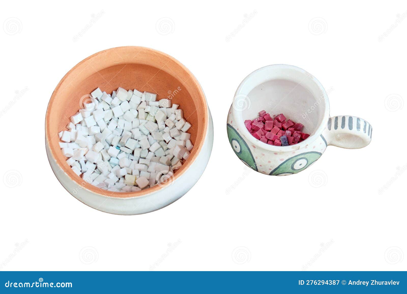 Retro Mosaic Cubes in Clay Pots, Isolated on a White Background. Creat ...