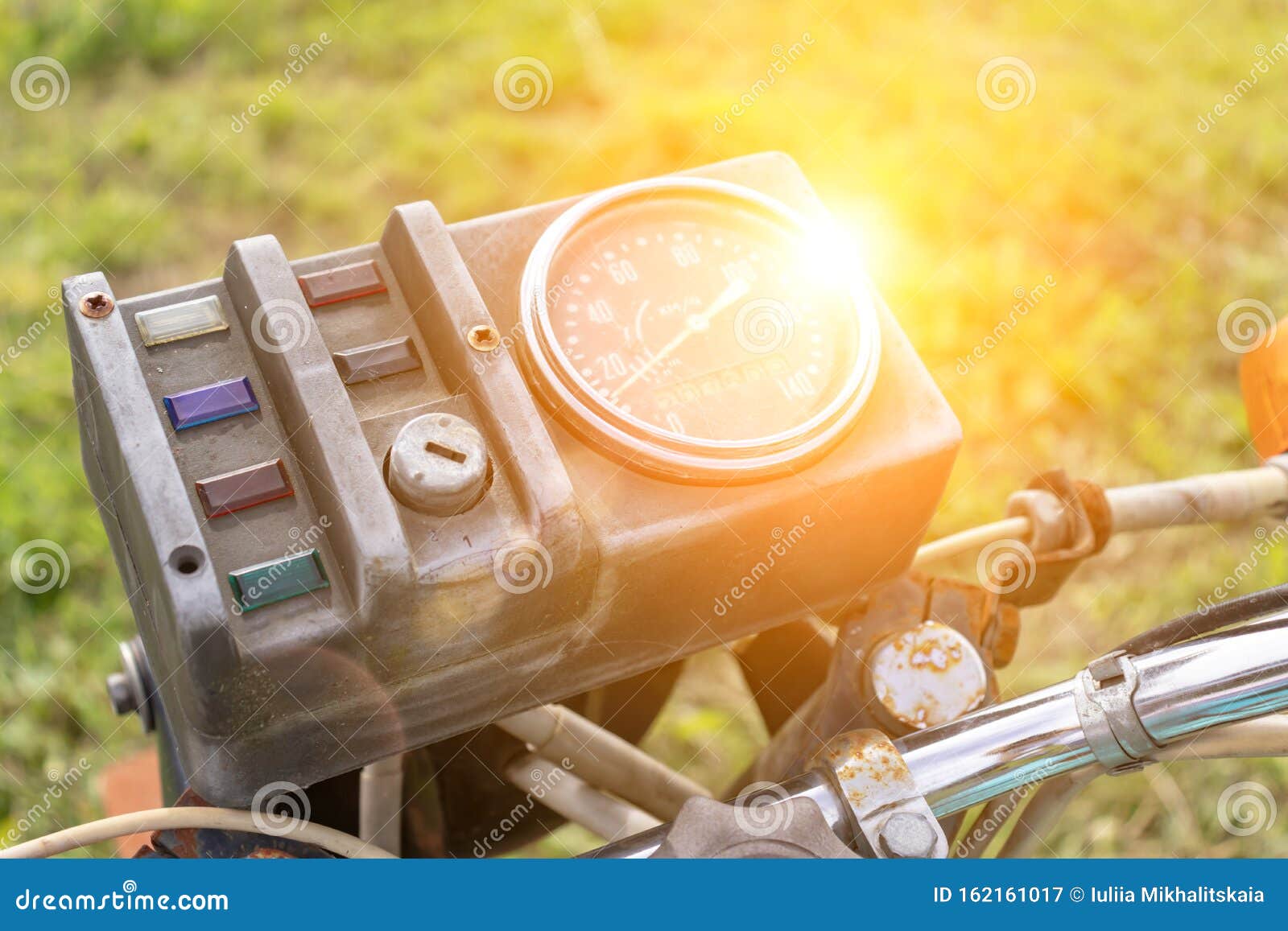 Retro Motorcycle Black Analog Speedometer with a Sun Reflection Close ...