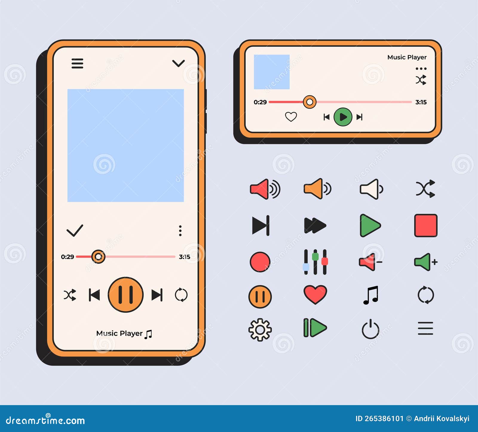 Retro Music Player Elements with Icon.Music Display Theme: Music ...