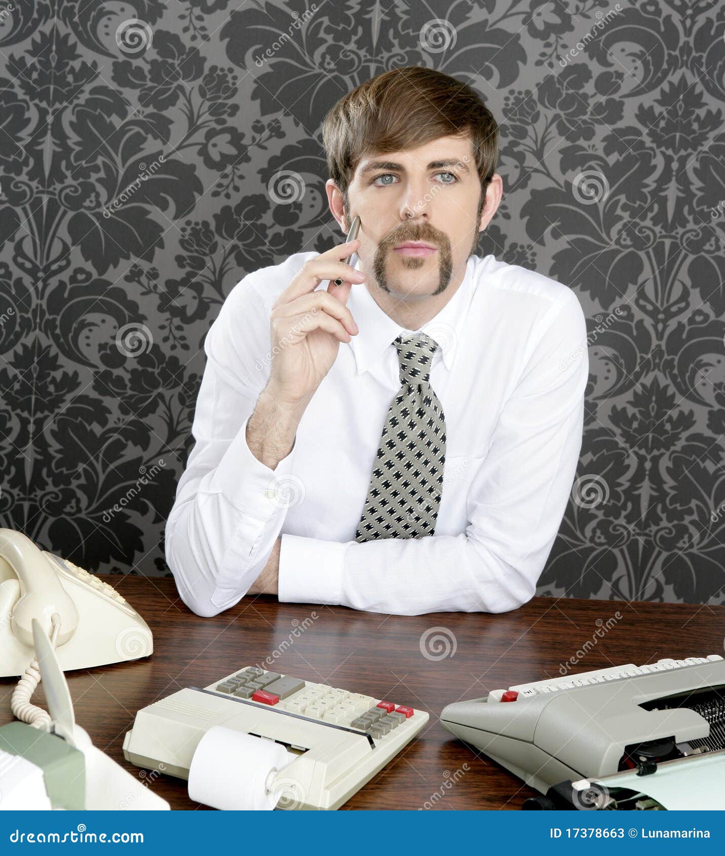Retro Mustache Businessman Office Desk Stock Image - Image of ...