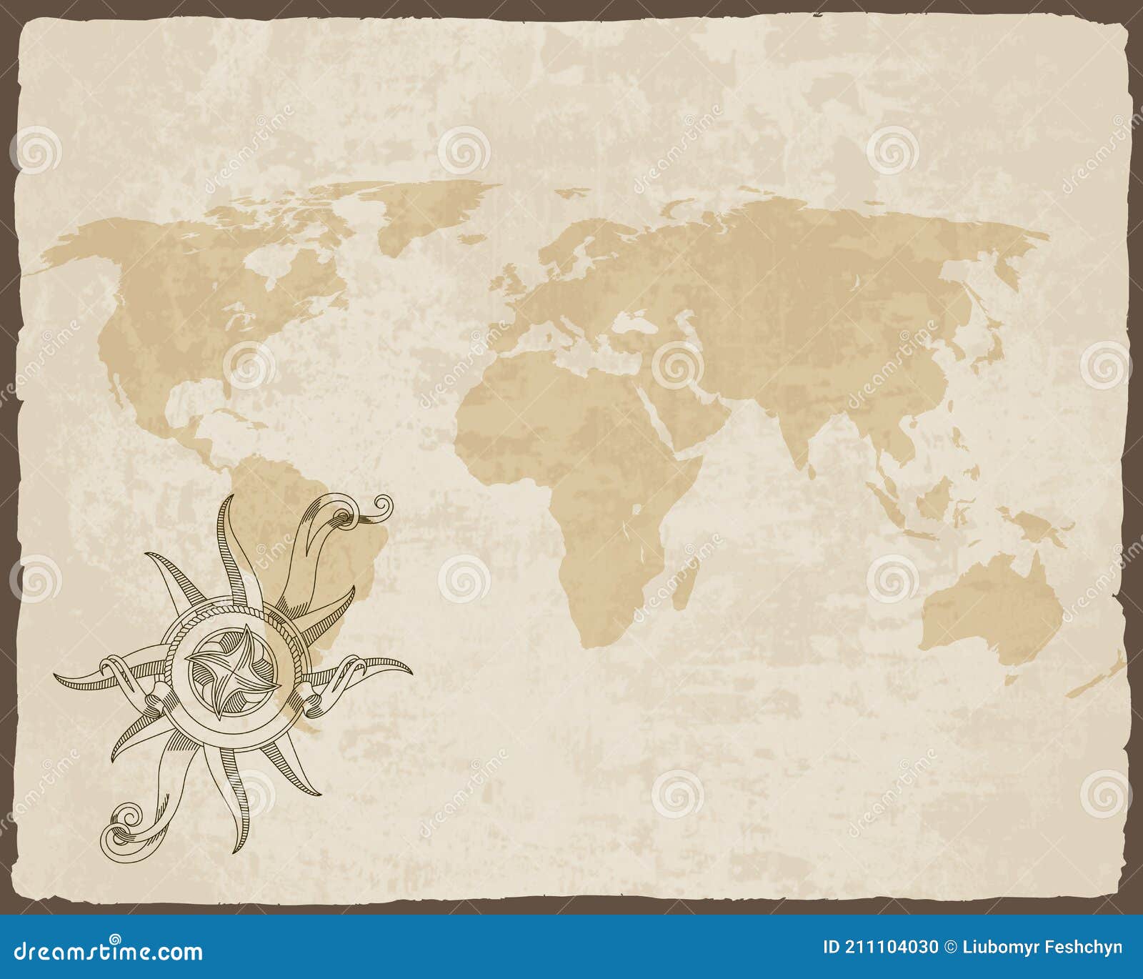 Retro Nautical Compass on Old Paper Texture World Map with Torn Border ...