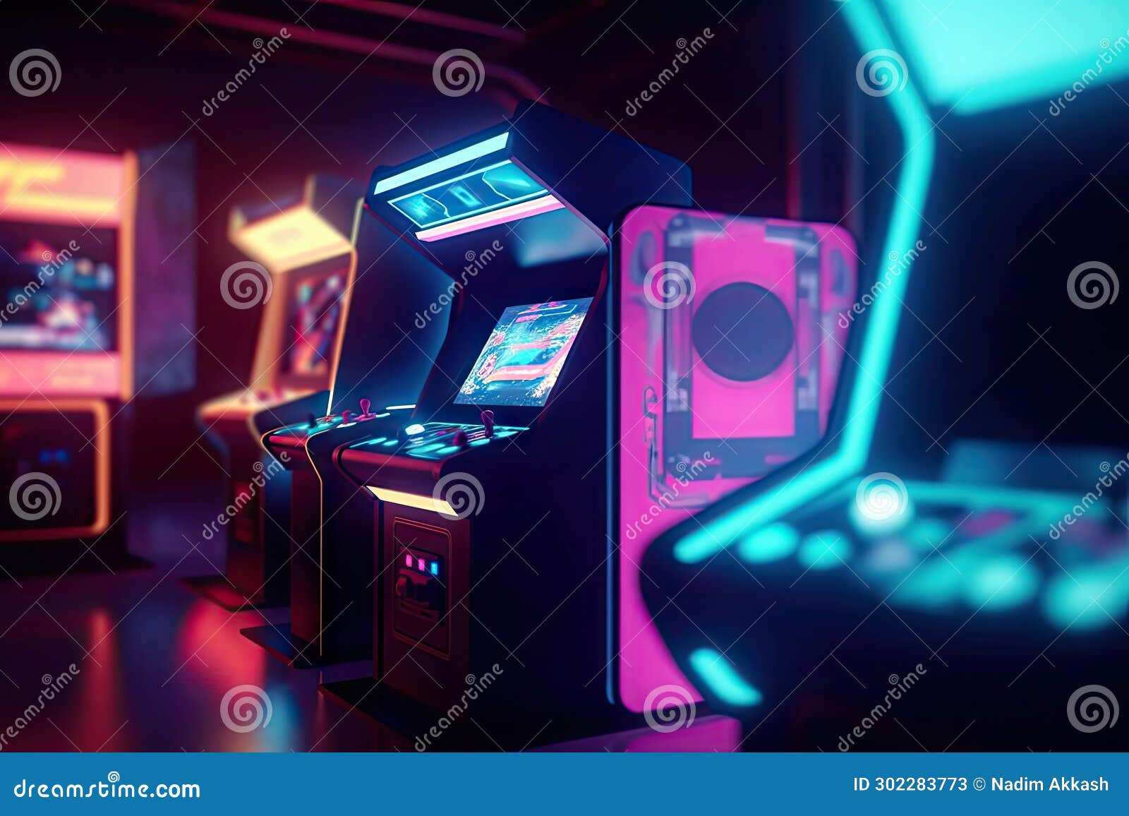 Retro Neon Glowing Arcade Machines Games Room 3D Render Illustration ...
