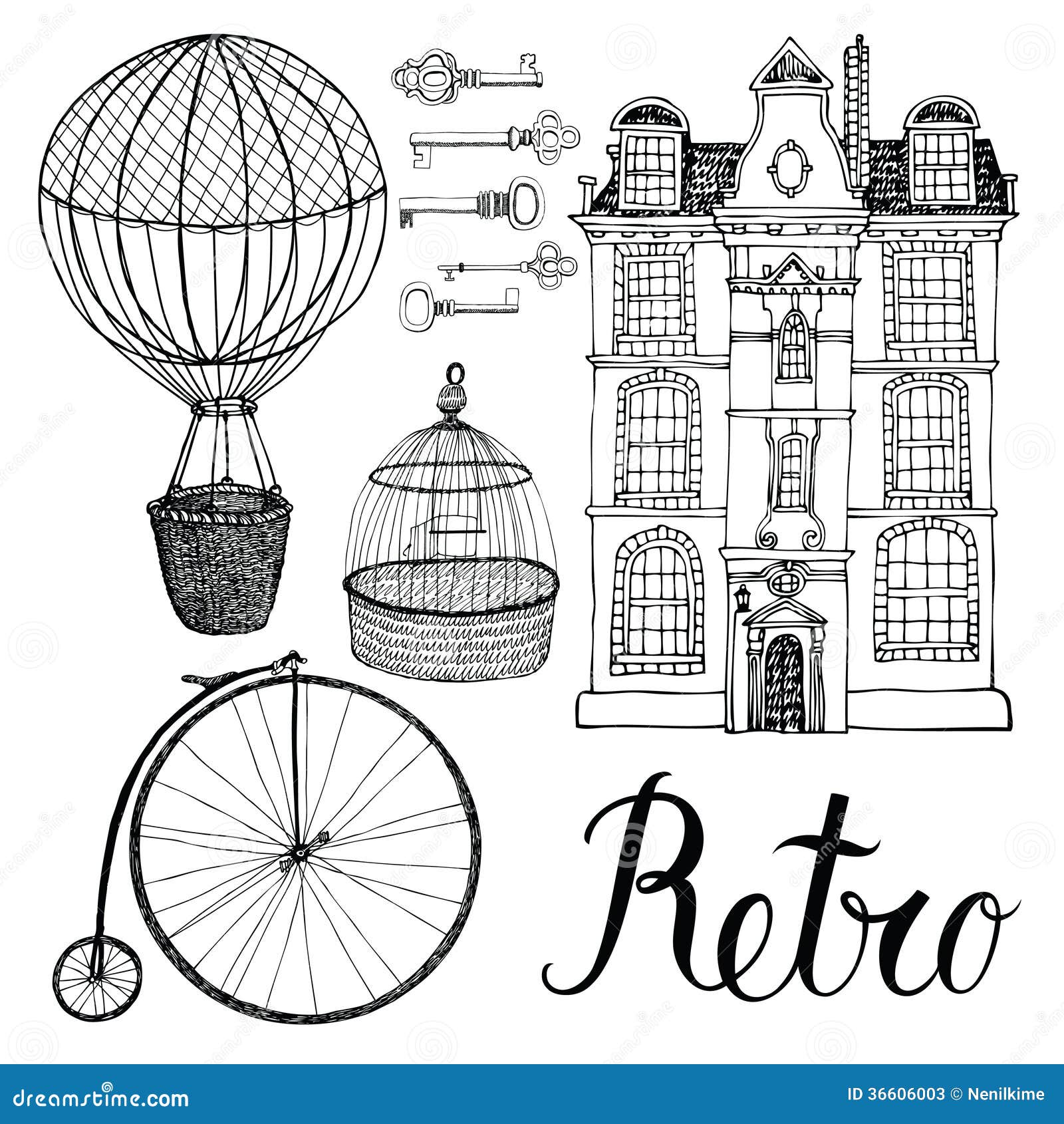 Retro Objects, House and Transport. Hand Drawing and Calligraphy Stock ...