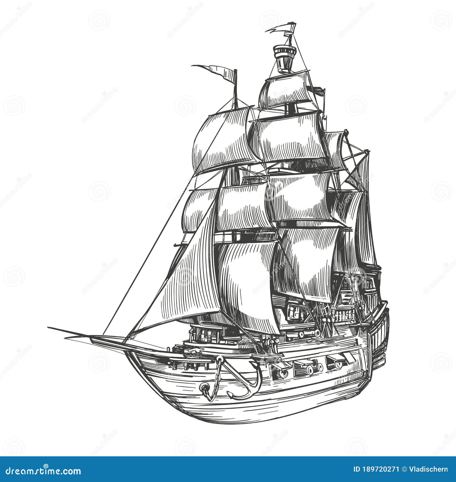 Retro Old Ship Vintage Hand Drawn Vector Illustration Realistic Sketch ...