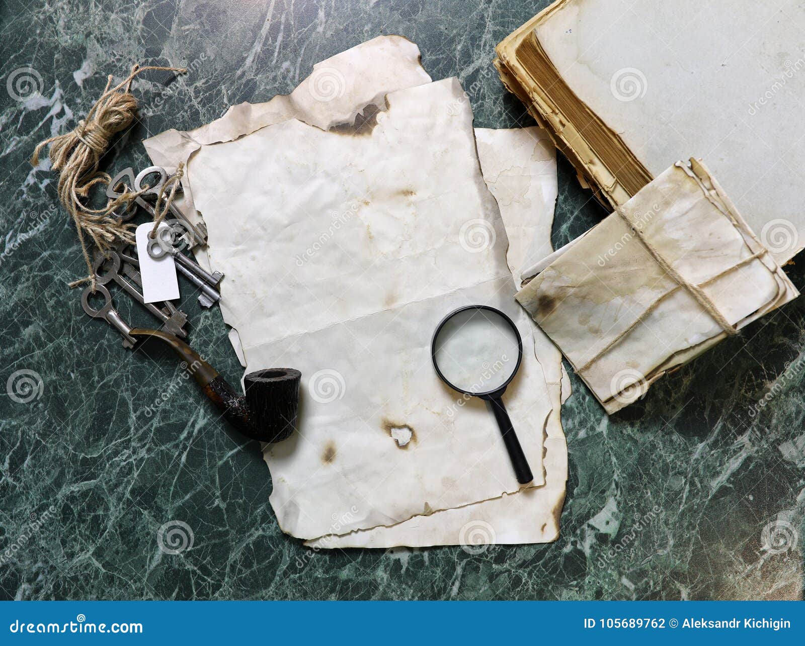 Retro Papers and Book on Detective Work Table with Tools Stock Photo ...