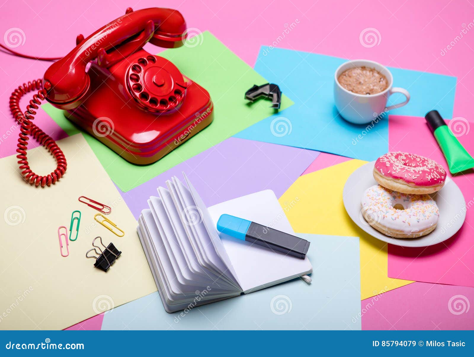 Retro and Pastel Colorful Office Desk Stock Image - Image of space ...