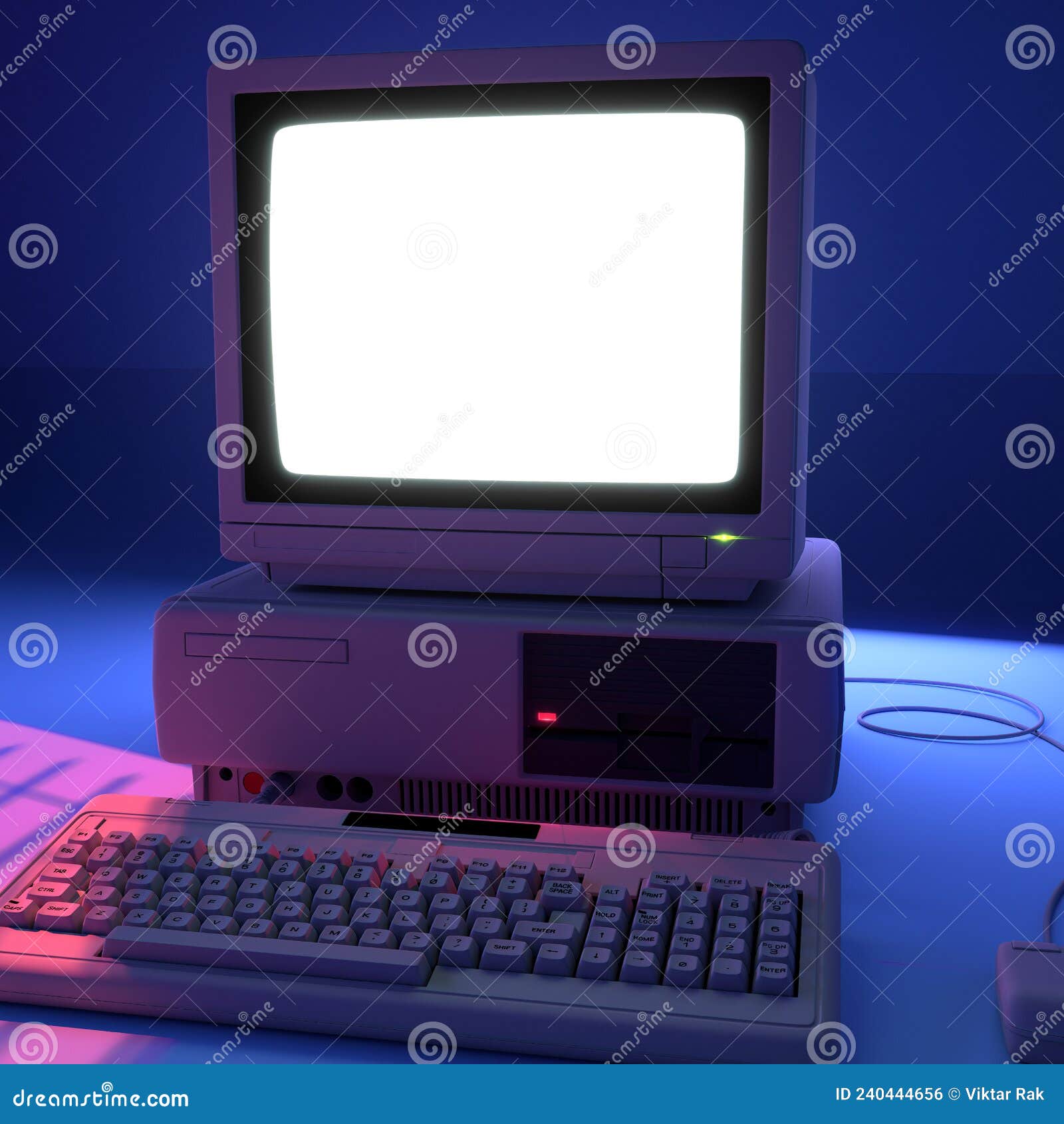Retro PC with Glowing Blank Screen in Neon Lighting Close-Up. Stock ...