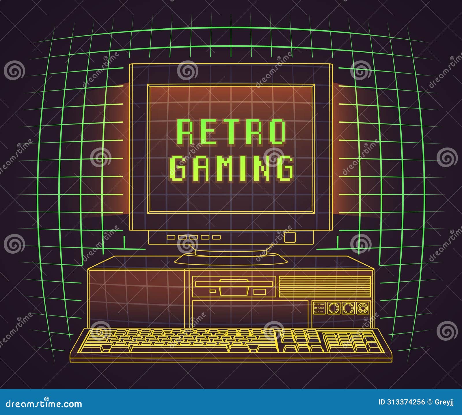 Retro PC in Outline Style Over Green Laser Grid Stock Vector ...