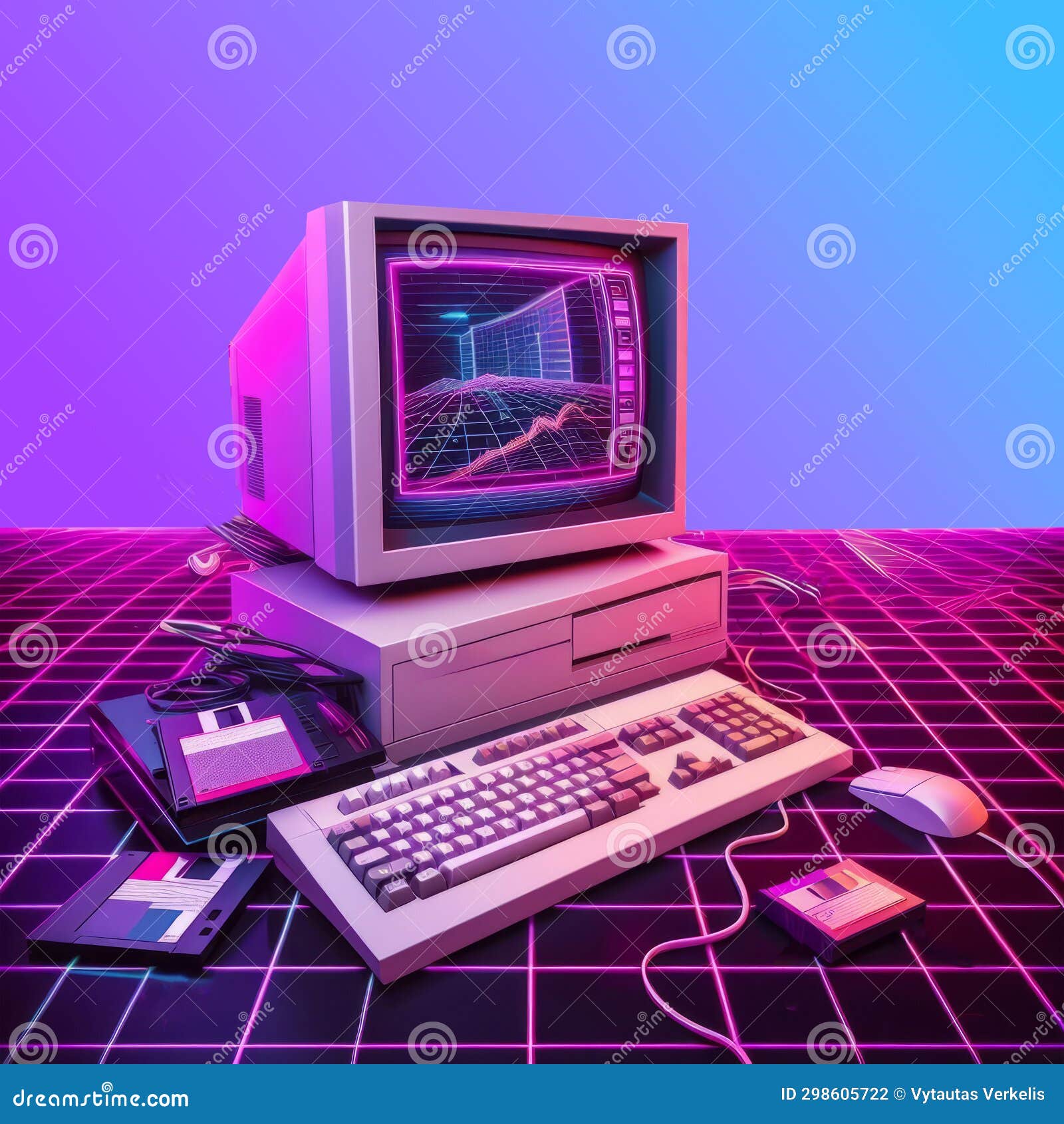 Retro Personal Computer in Neon Light. 3d Rendering Stock Illustration ...