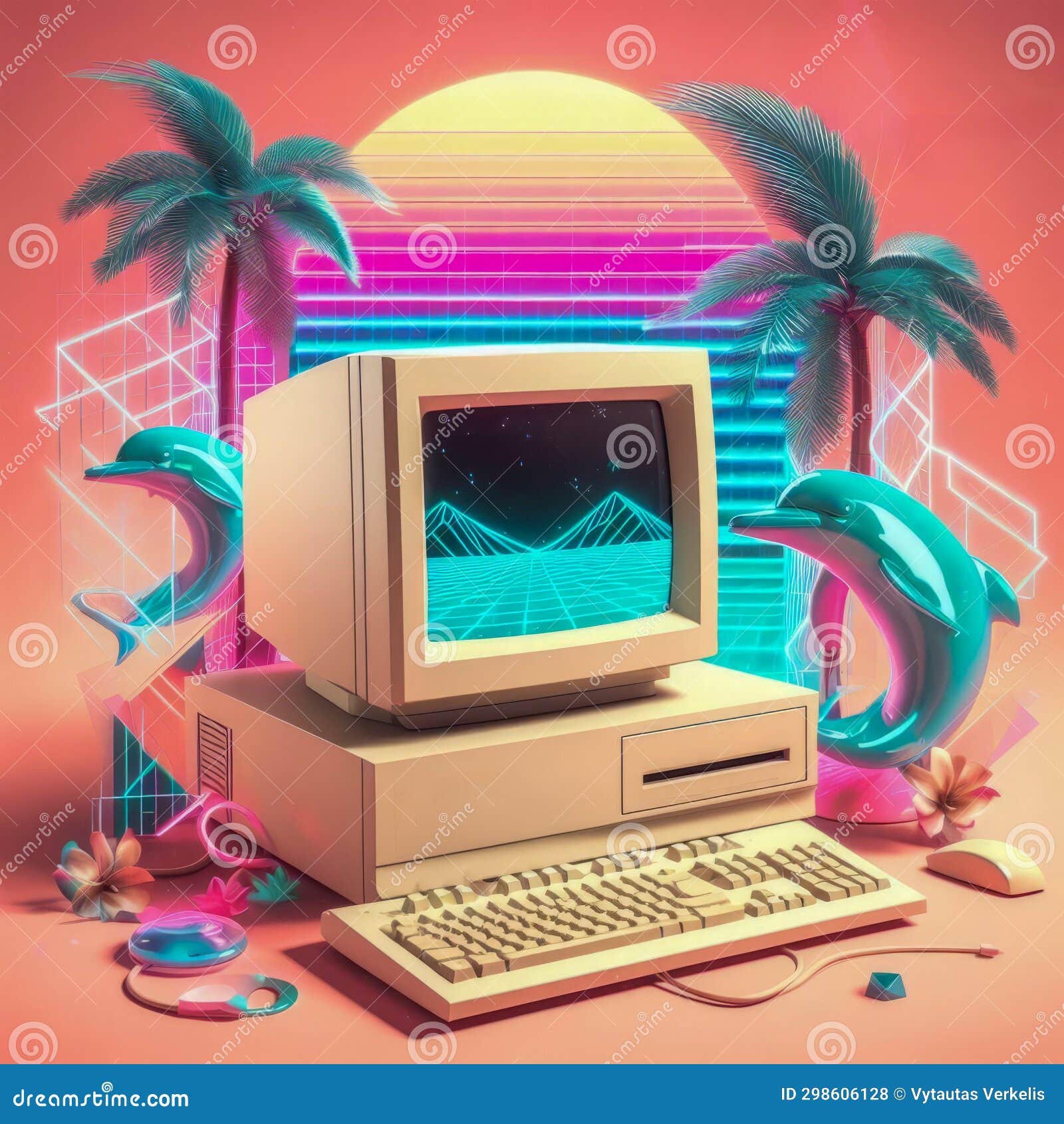 Retro Personal Computer in Neon Light. 3d Rendering Stock Illustration ...
