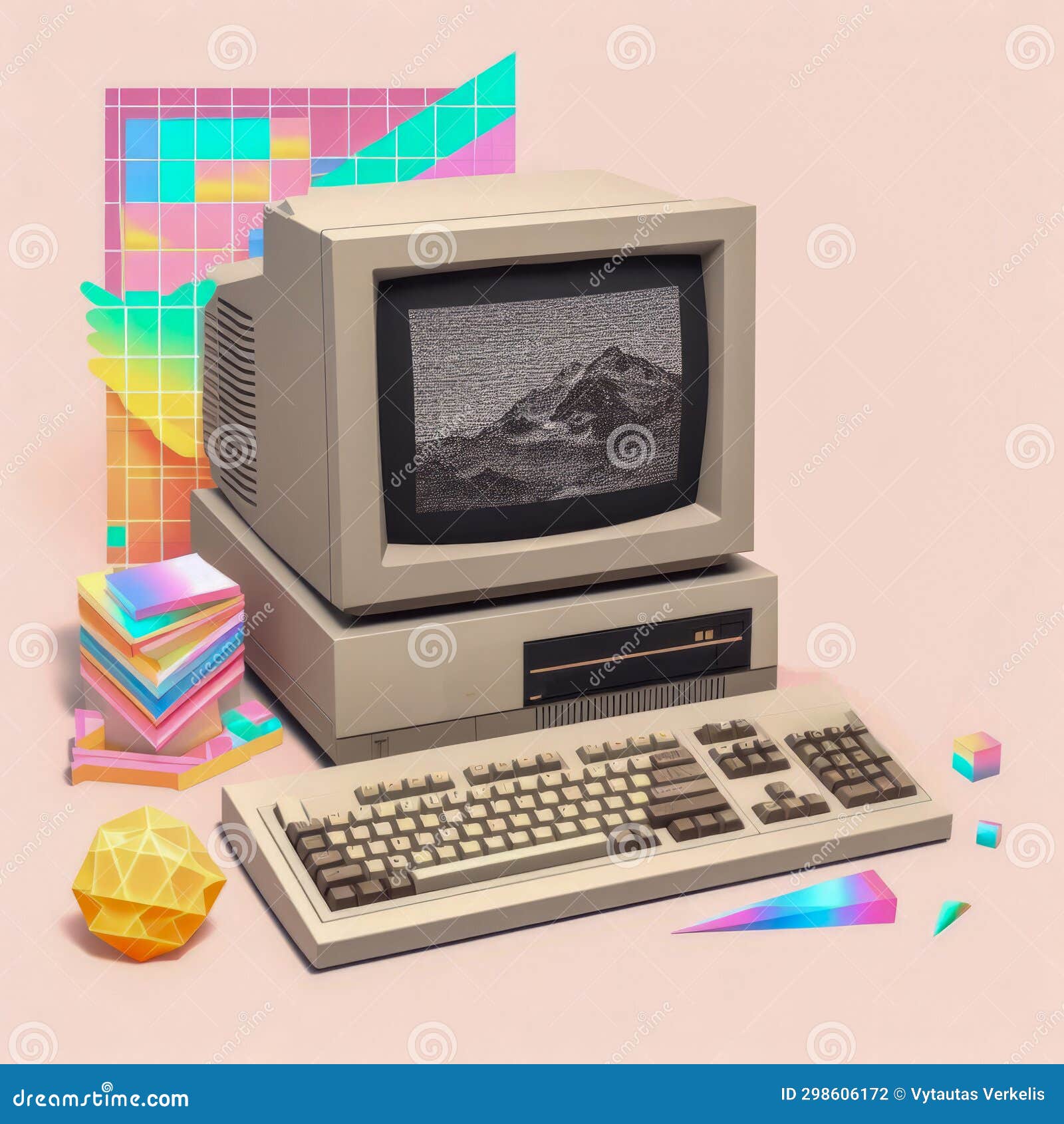 Retro Personal Computer in Neon Light. 3d Rendering Stock Illustration ...