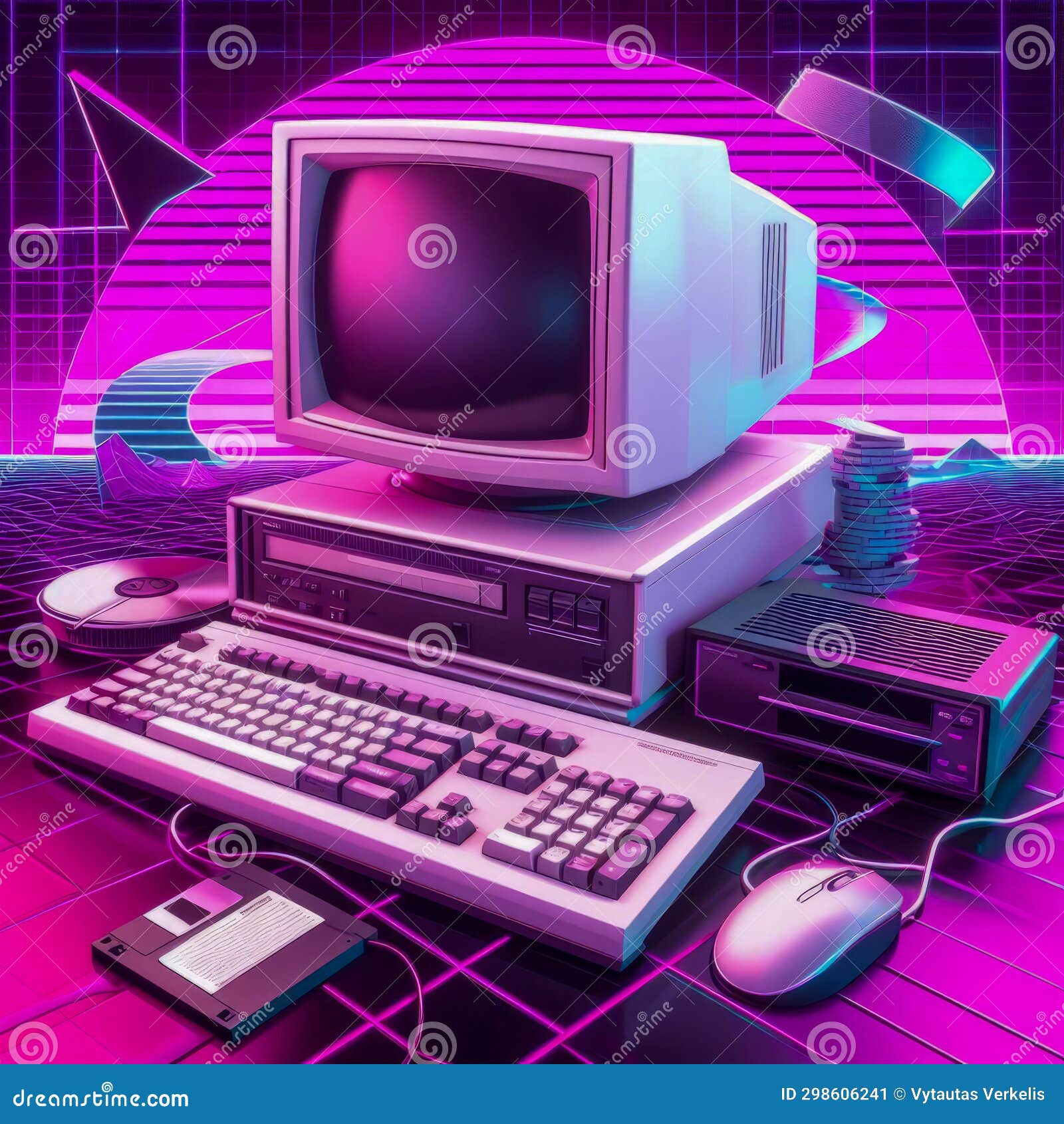 Retro Personal Computer in Neon Light. 3d Rendering Stock Illustration ...