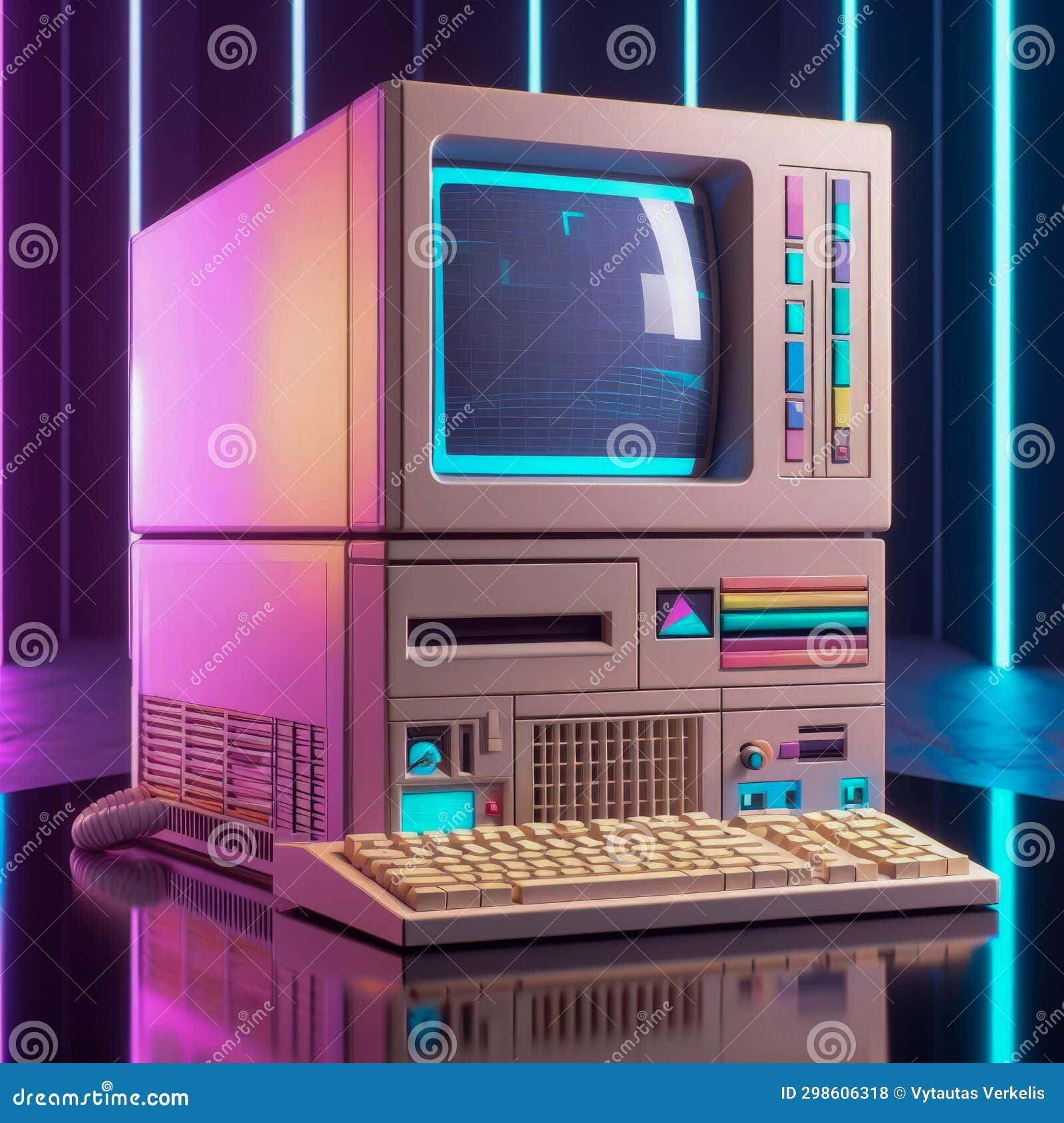 Retro Personal Computer in Neon Light. 3d Rendering Stock Illustration ...