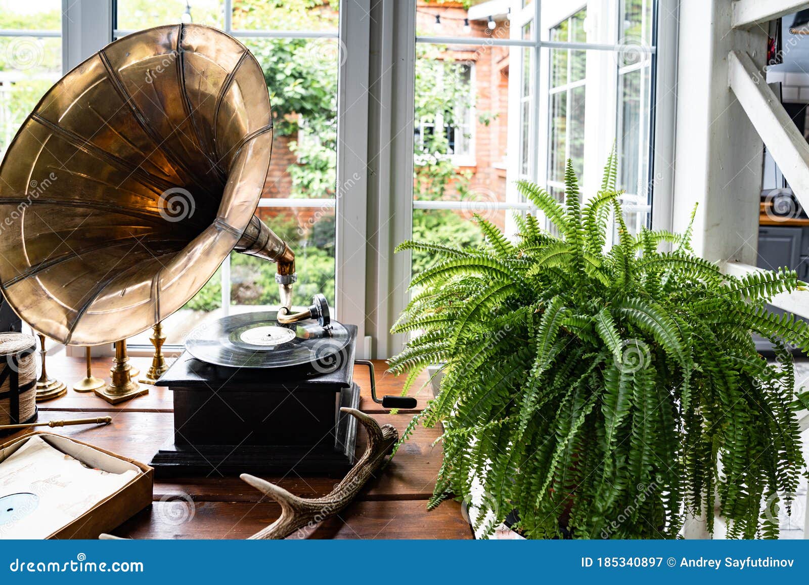 Retro Phonograph with a Record on Table. Vintage in Interior Stock ...