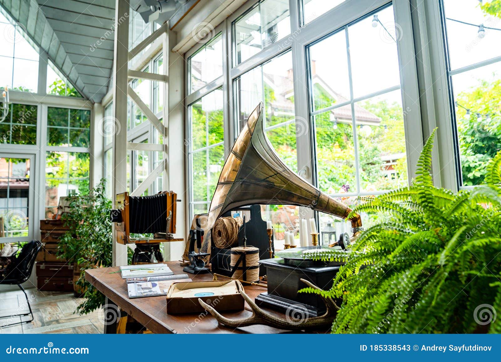 Retro Phonograph with a Record and Vintage Camera on Table. Vintage in ...