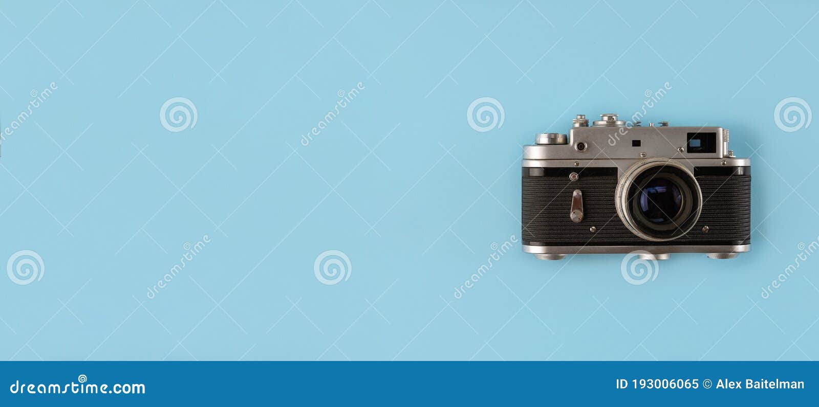 Retro Photo Camera on Blue Background, Top View Stock Image - Image of ...