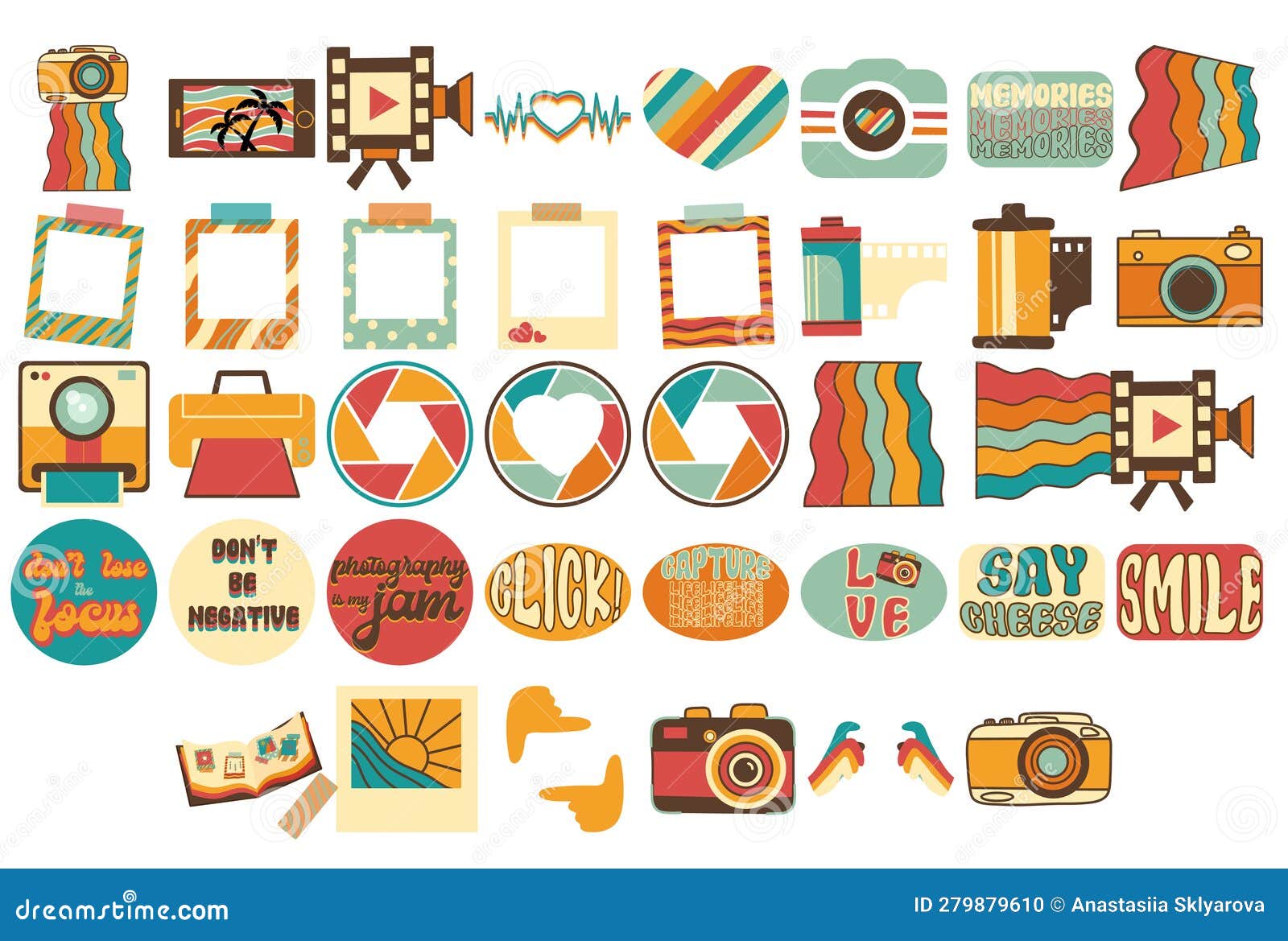 Retro Photography Vector Illustrations Set Vintage Camera, Frames ...