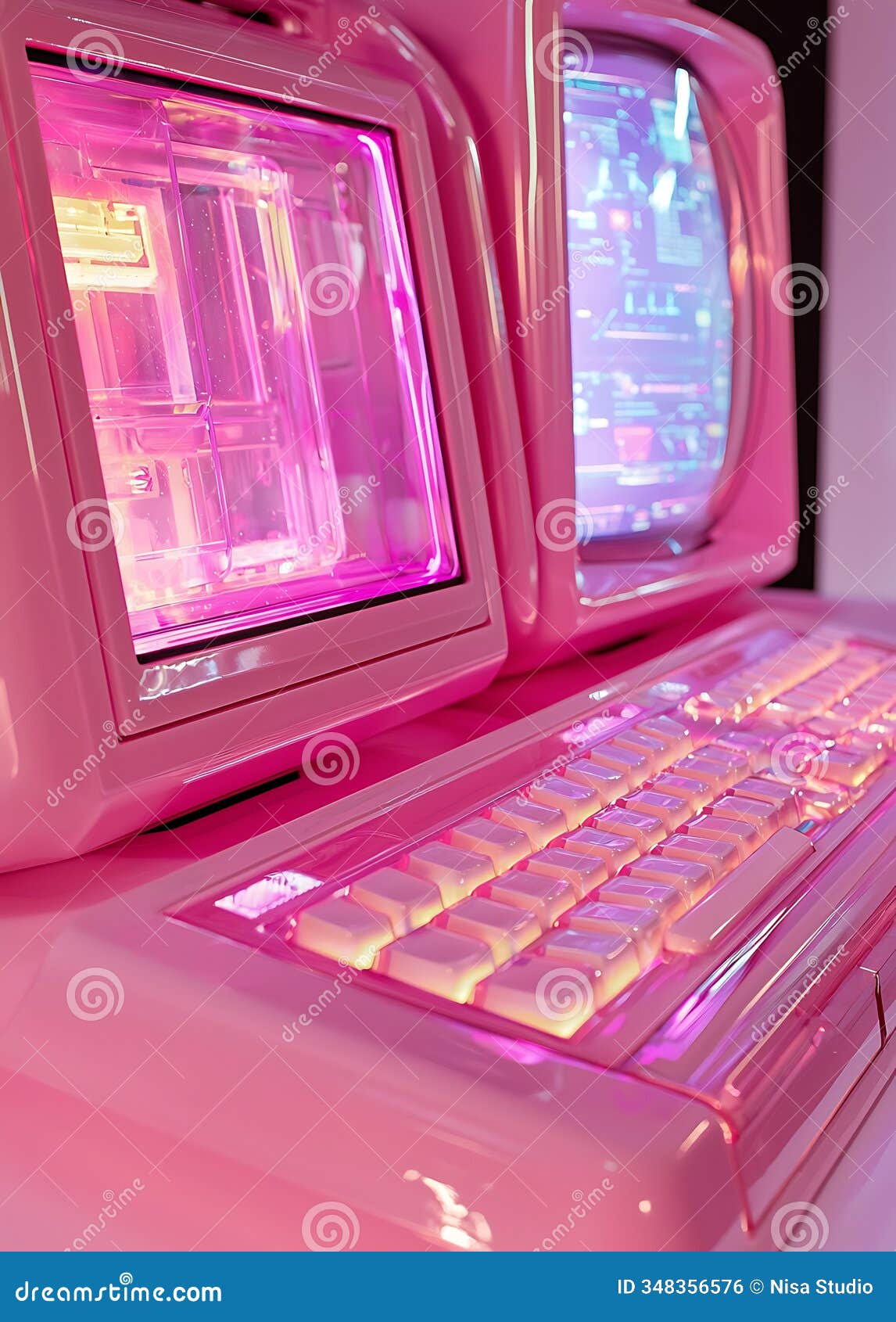 Retro Pink Computer Setup: a Glimmering Nostalgic Tech Aesthetic Stock ...