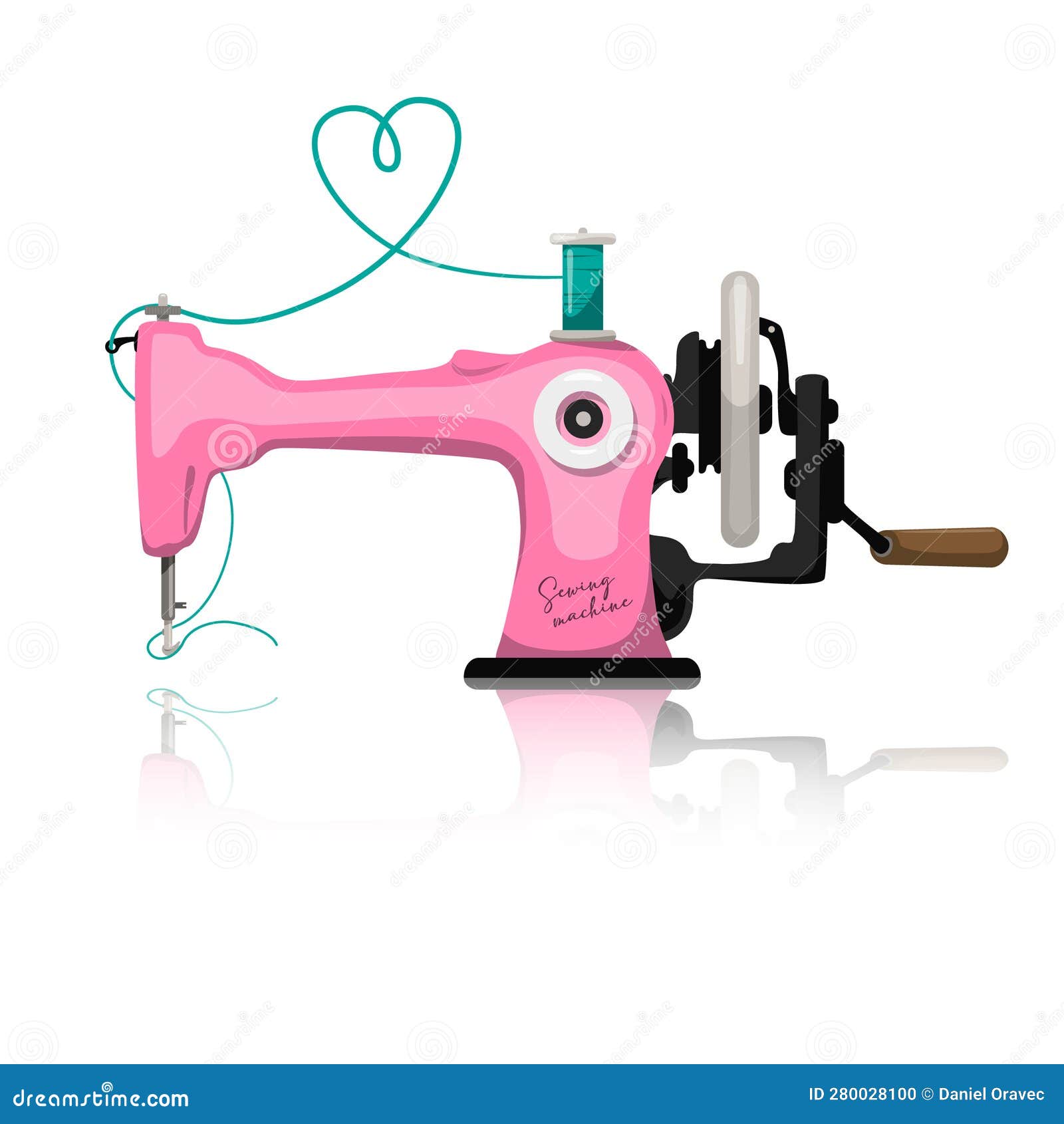 Retro Pink Sewing Machine with Heart Thread Isolated on White ...