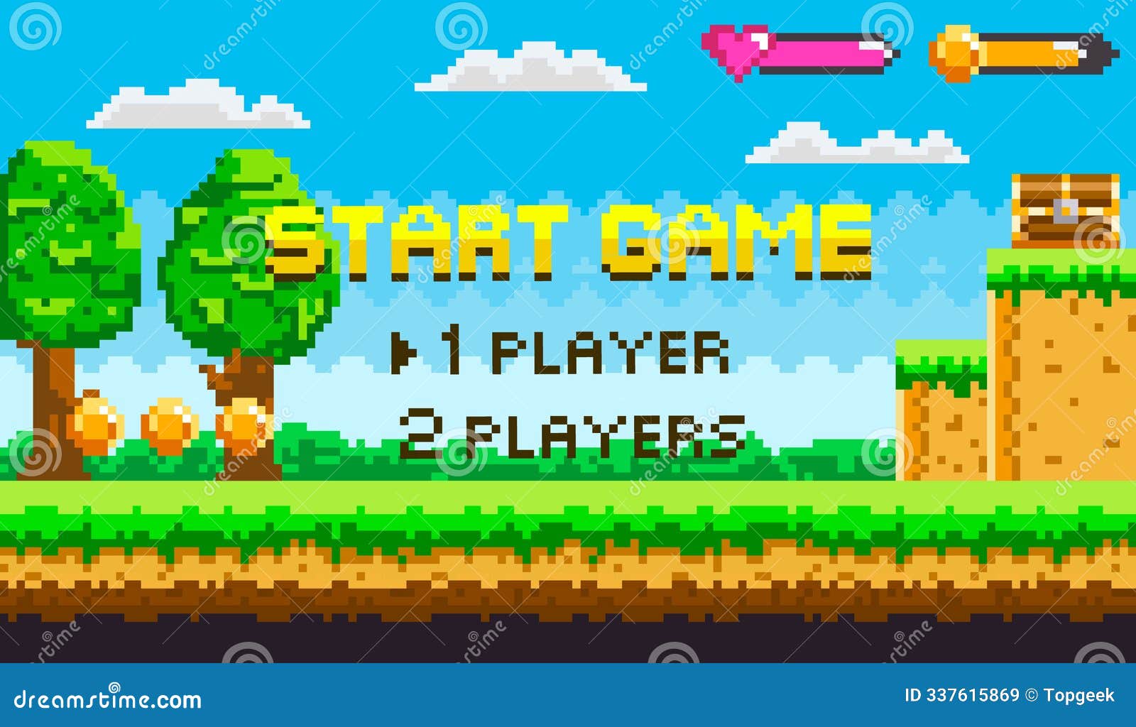 Retro Pixel Art Game Start Screen with Player Options and Treasure ...