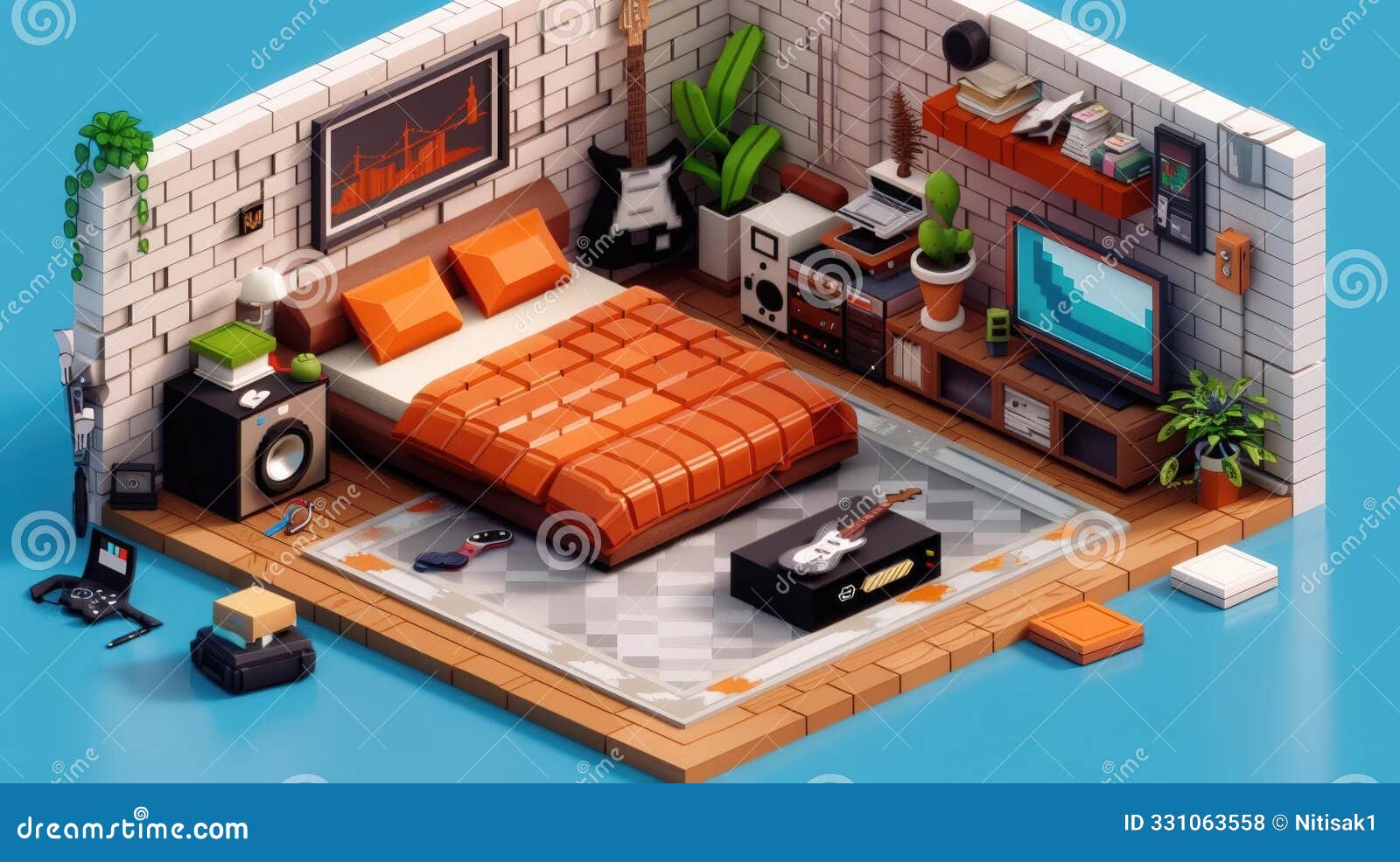 Retro Pixel Art Isometric Room Interiors Stock Illustration ...
