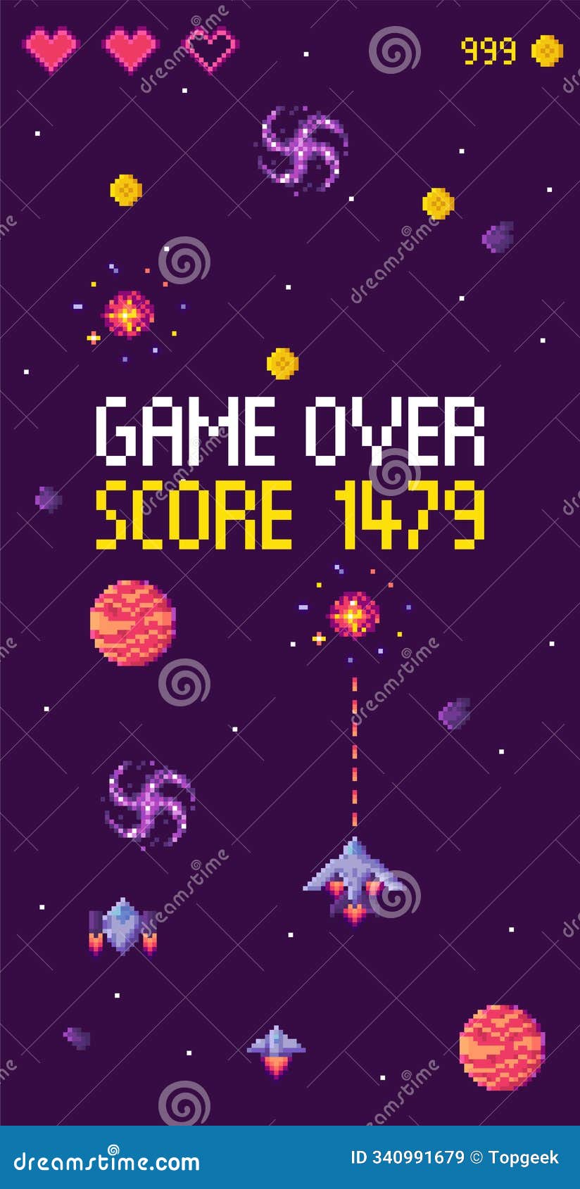 Retro Pixel Art Space Shooter Game Over Screen with Score Display Stock ...