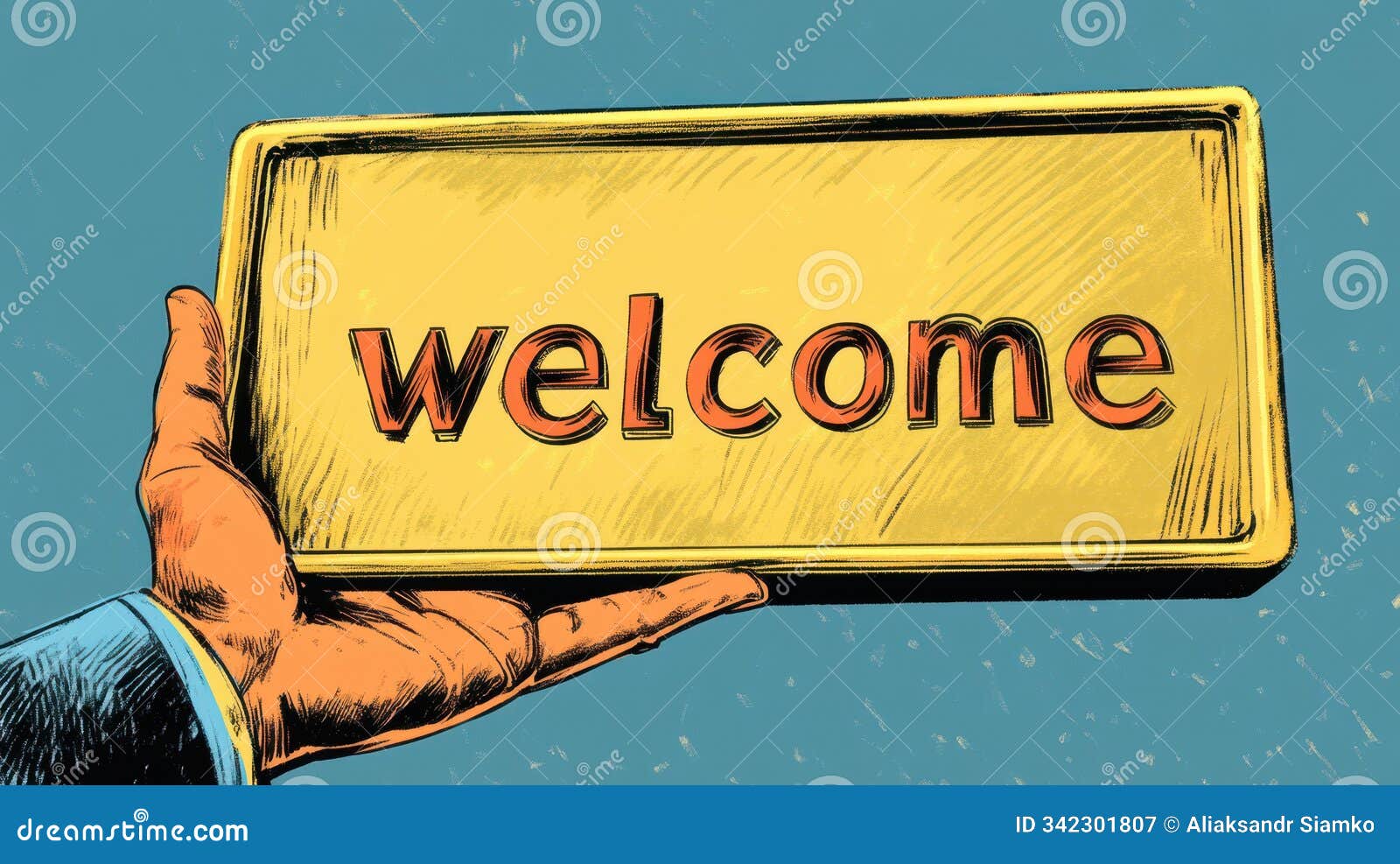 Retro Pop Art Welcome Sign Held by Hand Stock Illustration ...