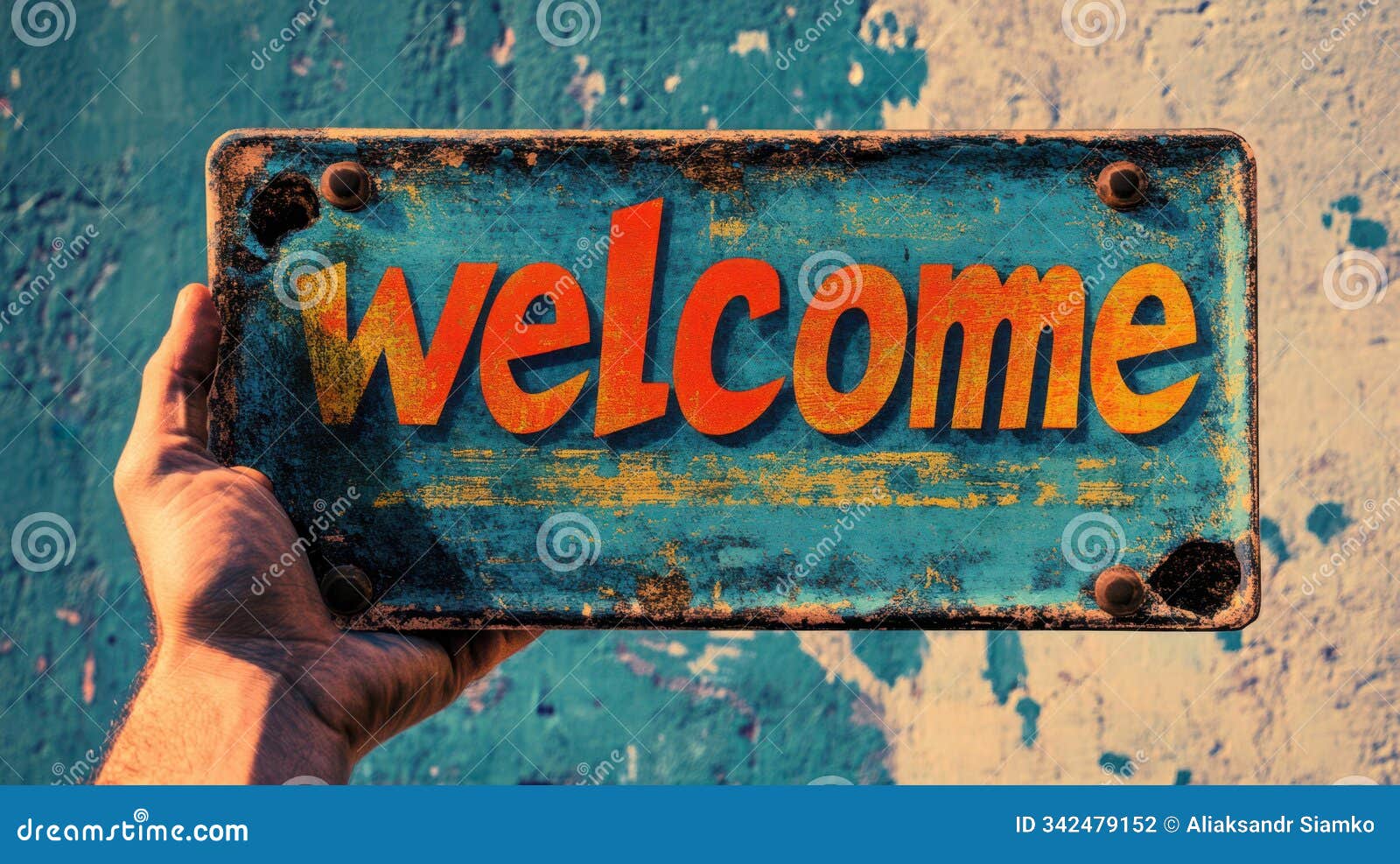Retro Pop Art Welcome Sign Held by Hand Stock Illustration ...