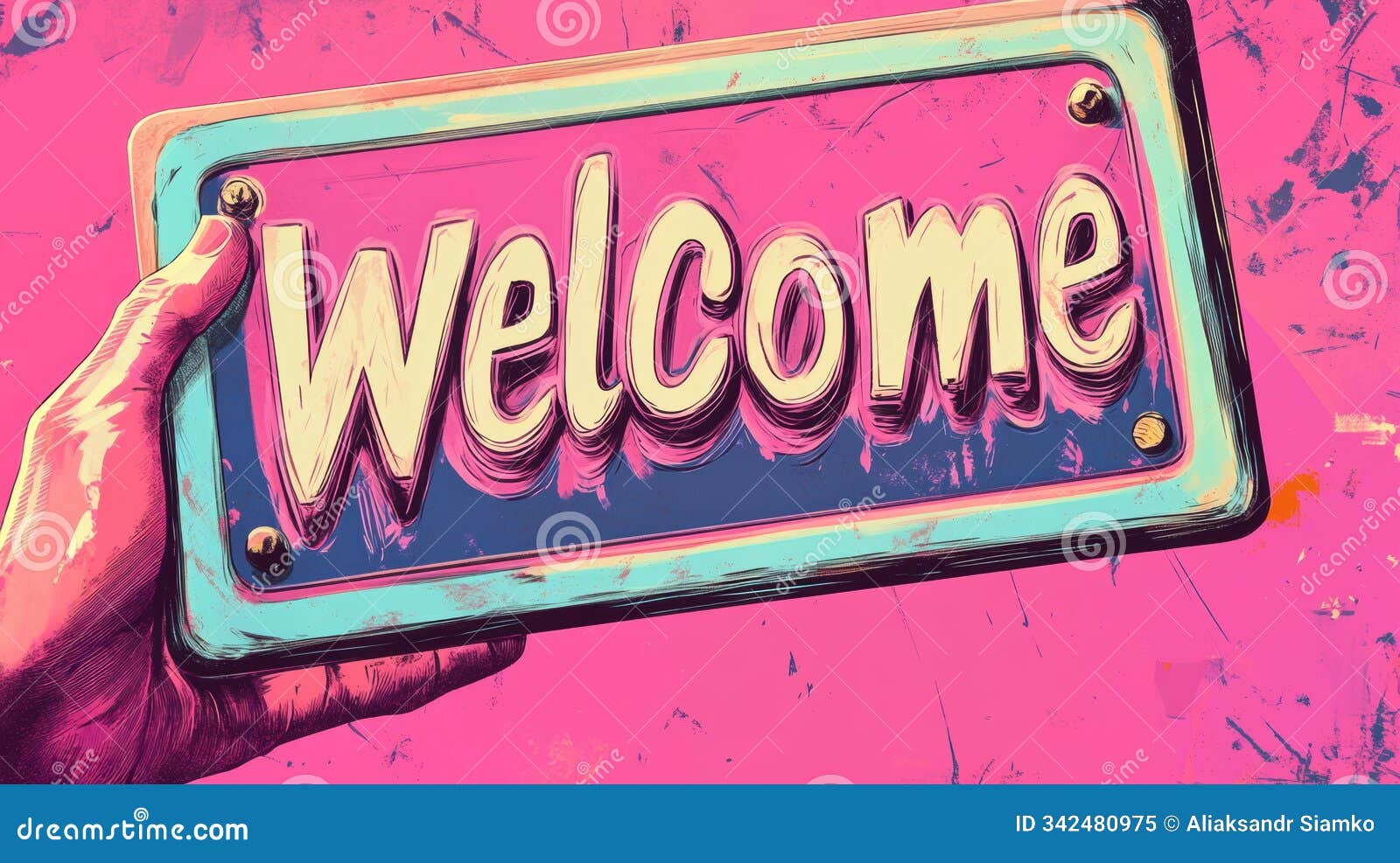 Retro Pop Art Welcome Sign Held by Hand Stock Illustration ...