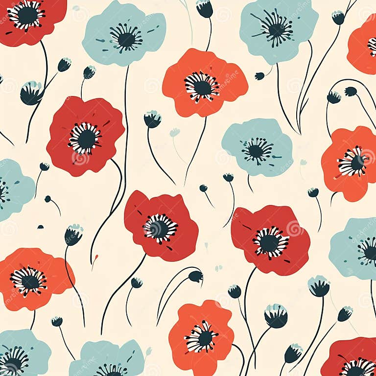 Retro Poppy Pattern Flowers Background Pattern Wallpaper Vector Old ...