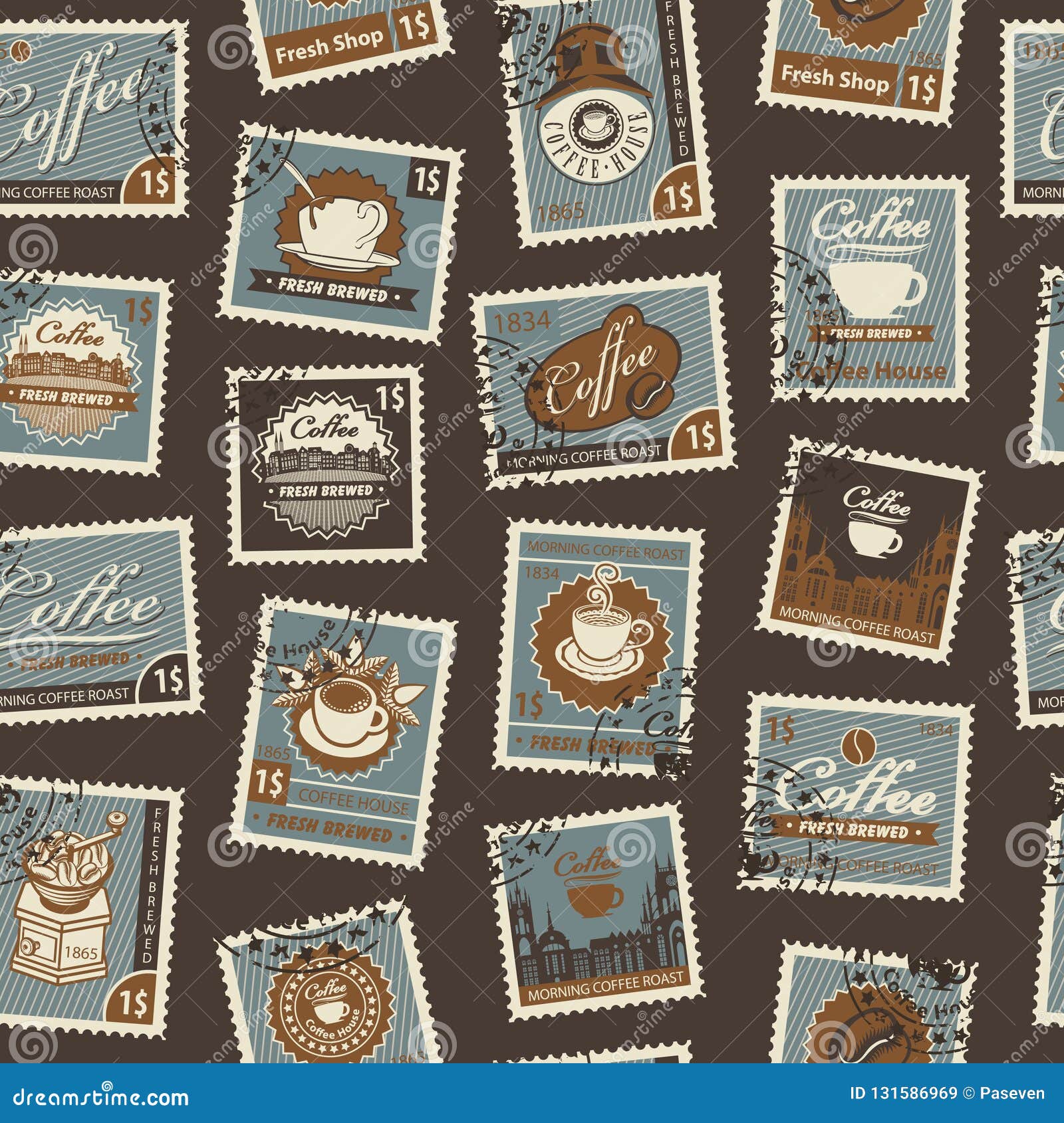 Retro Postage Seamless Background. Vector Seamless Pattern on Coffee ...
