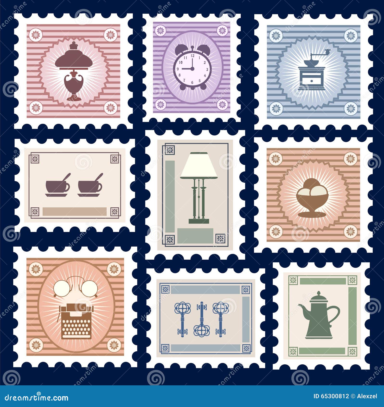 Set Of Retro Postage Stamp Funny Monsters. Cartoon Illustration ...