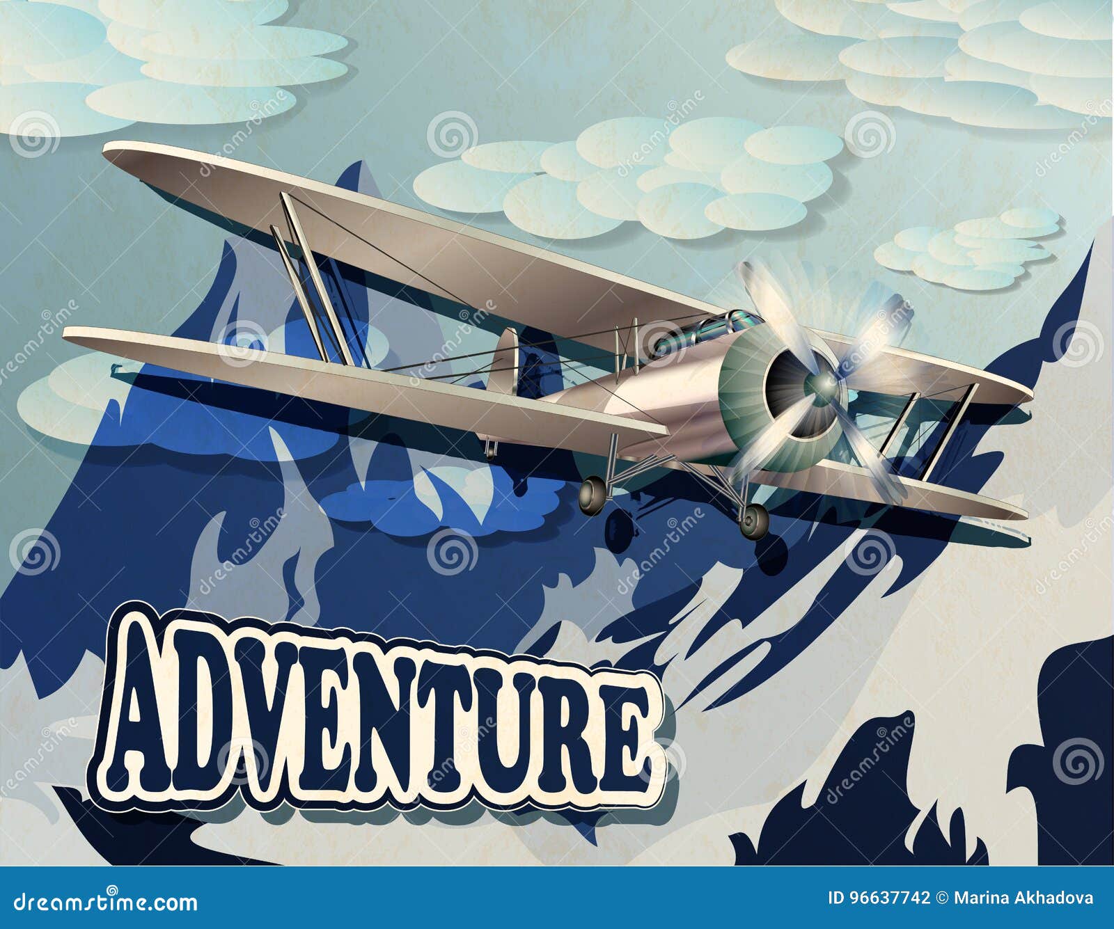 Retro Poster with Mountain and Vintage Biplane Stock Illustration ...