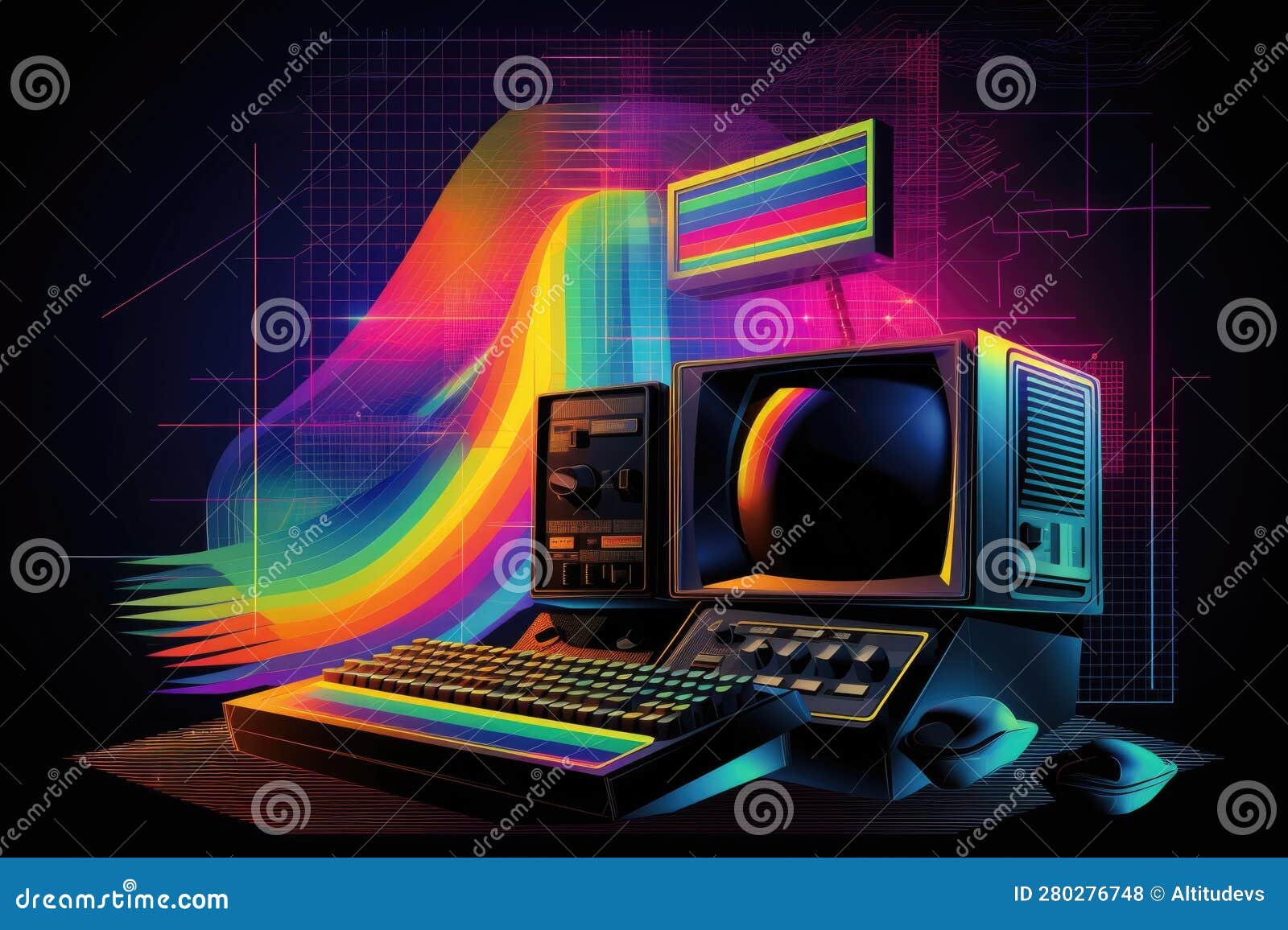 Retro Poster with Retro Computer Graphic and Rainbow Patterns Stock ...