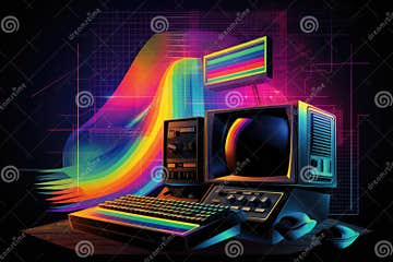Retro Poster with Retro Computer Graphic and Rainbow Patterns Stock ...