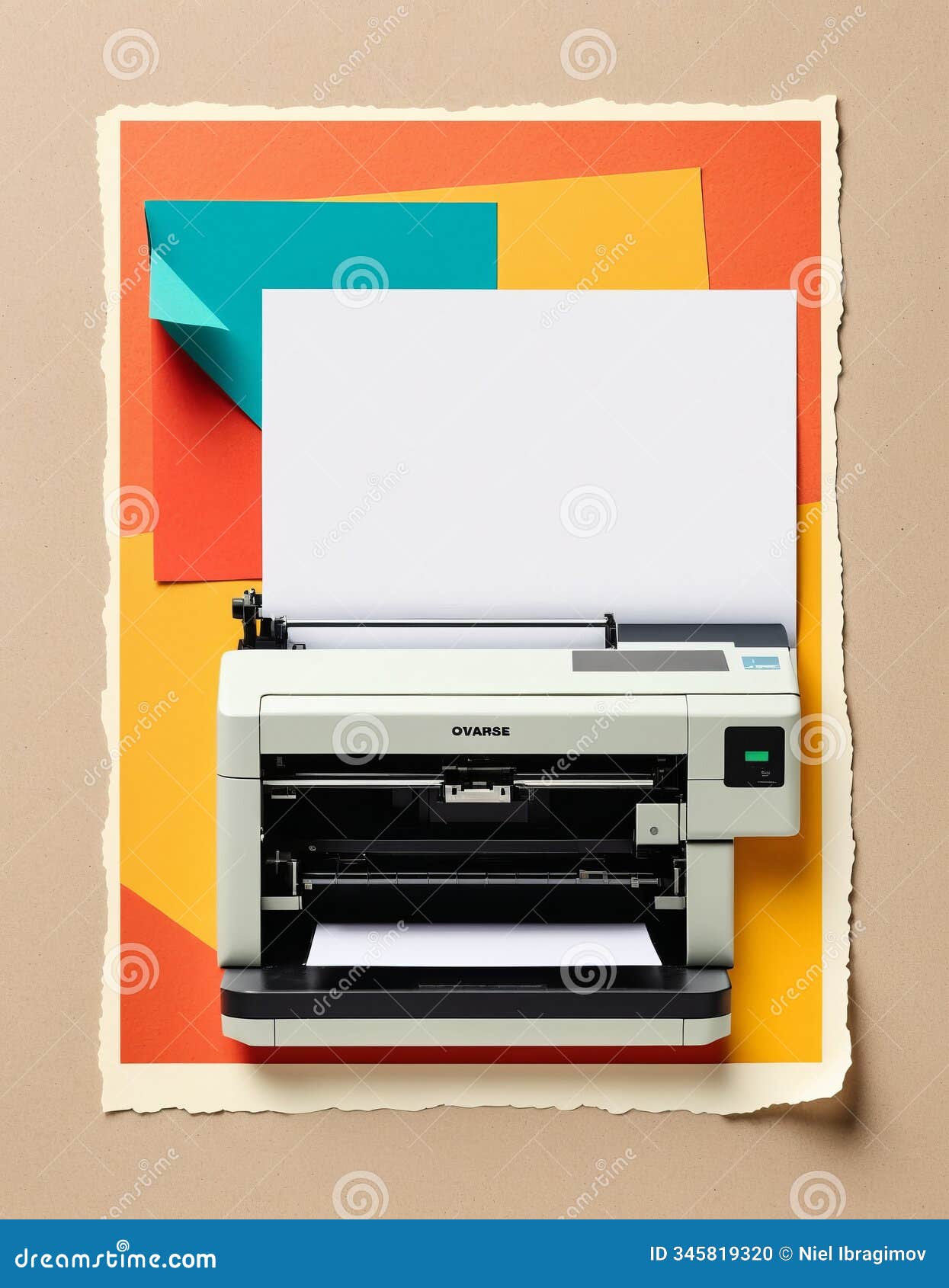 Retro Printer on Colorful Torn Paper Background with Vibrant Abstract ...
