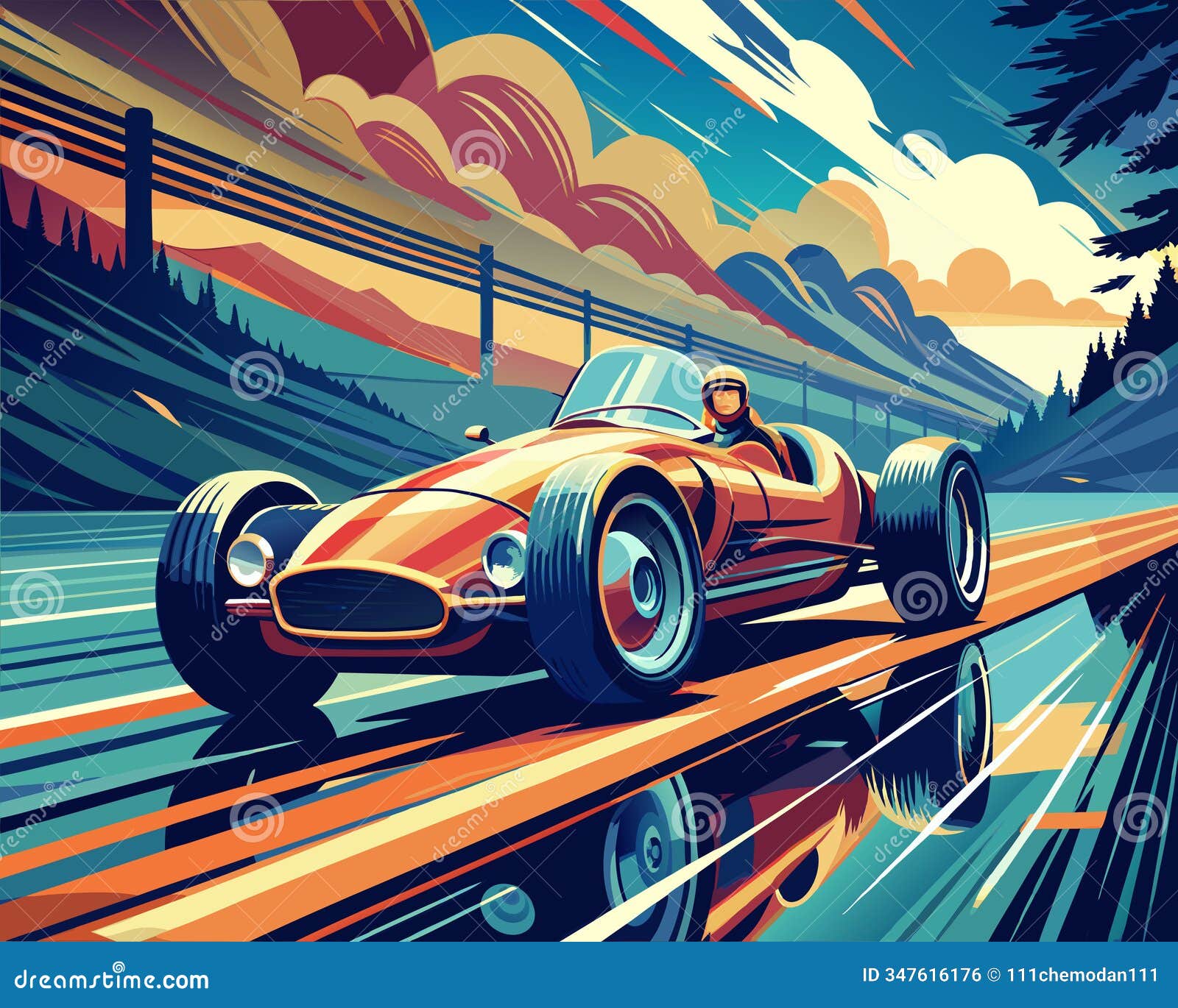 Retro Racing Car with Driver Speeding on Track with Blurred Road Stock ...