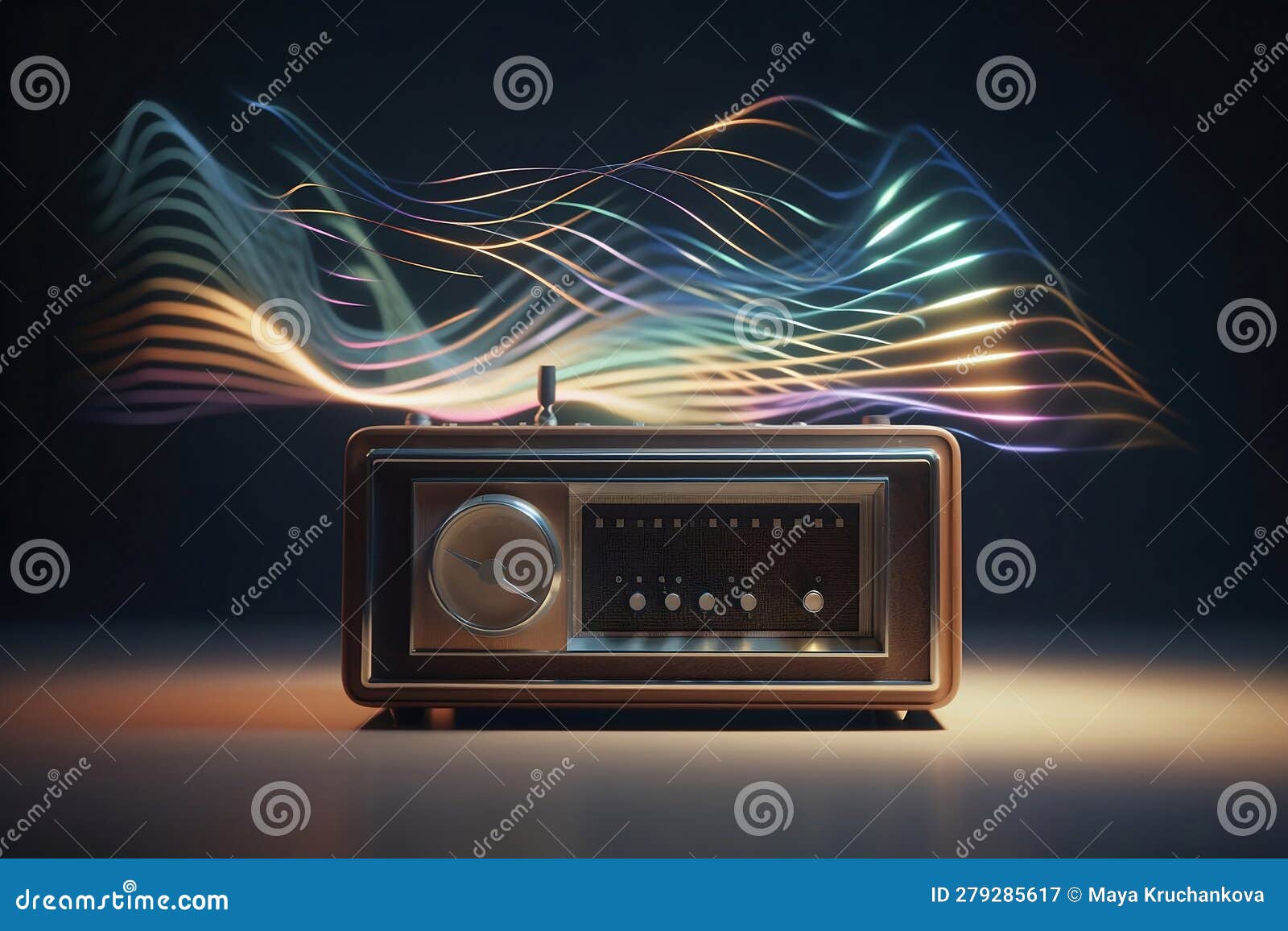Retro Radio with Abstract Music Frequency on Dark Background Stock ...