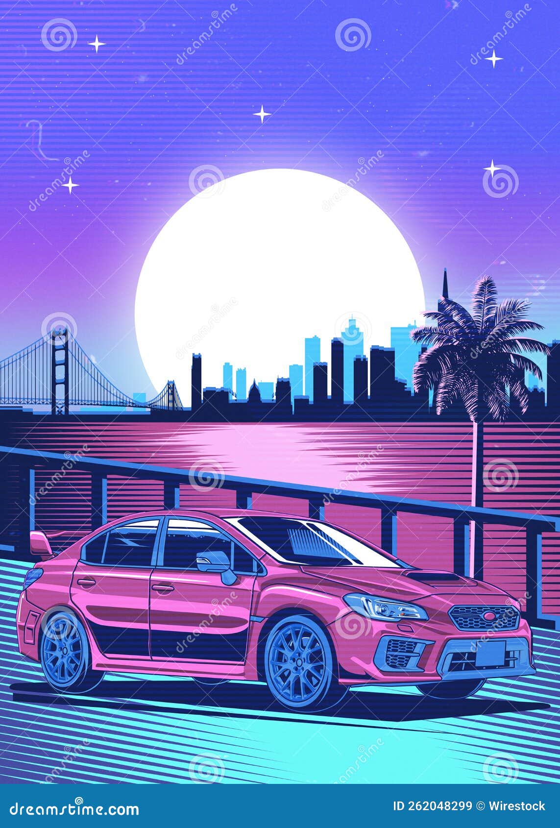 Retro Red Car Synthwave Poster With Vaporwave Sunset, Neon Gradient ...