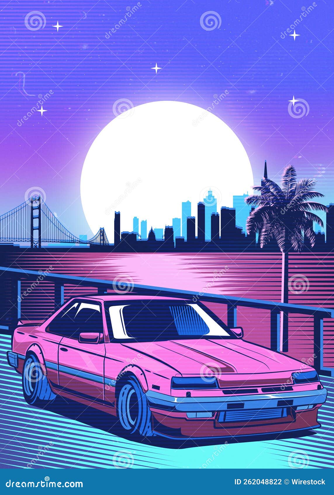 Retro Red Car Synthwave Poster With Vaporwave Sunset, Neon Gradient ...