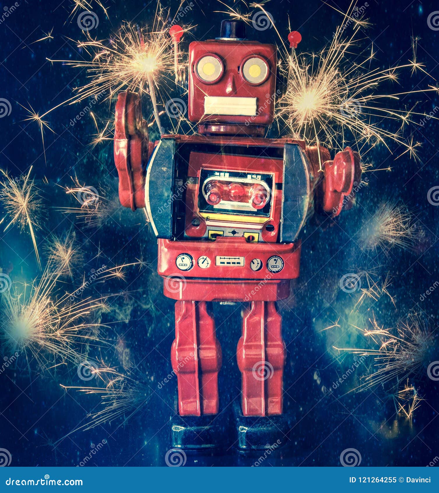 Retro Red Robot with Lots of Sparks and Fireworks Stock Image - Image ...