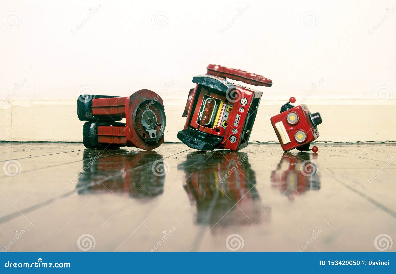 Retro Red Robot Sad and Broken on Old Wooden Floor Stock Photo - Image ...